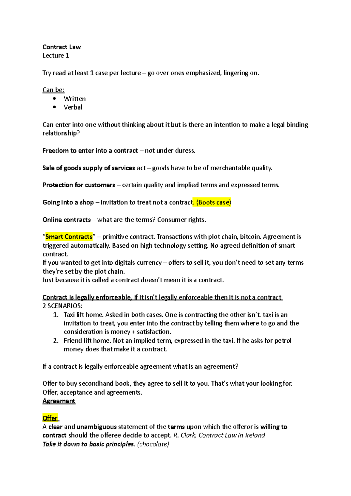 Contract Law L1 - Contract Law Lecture 1 Try read at least 1 case per ...