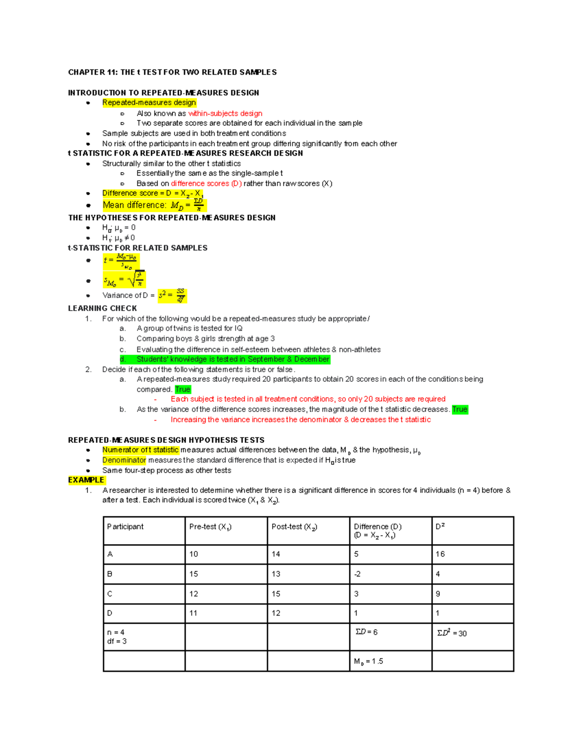 PSY 3234 Chp 11 Notes - CHAPTER 11: THE t TEST FOR TWO RELATED SAMPLES ...