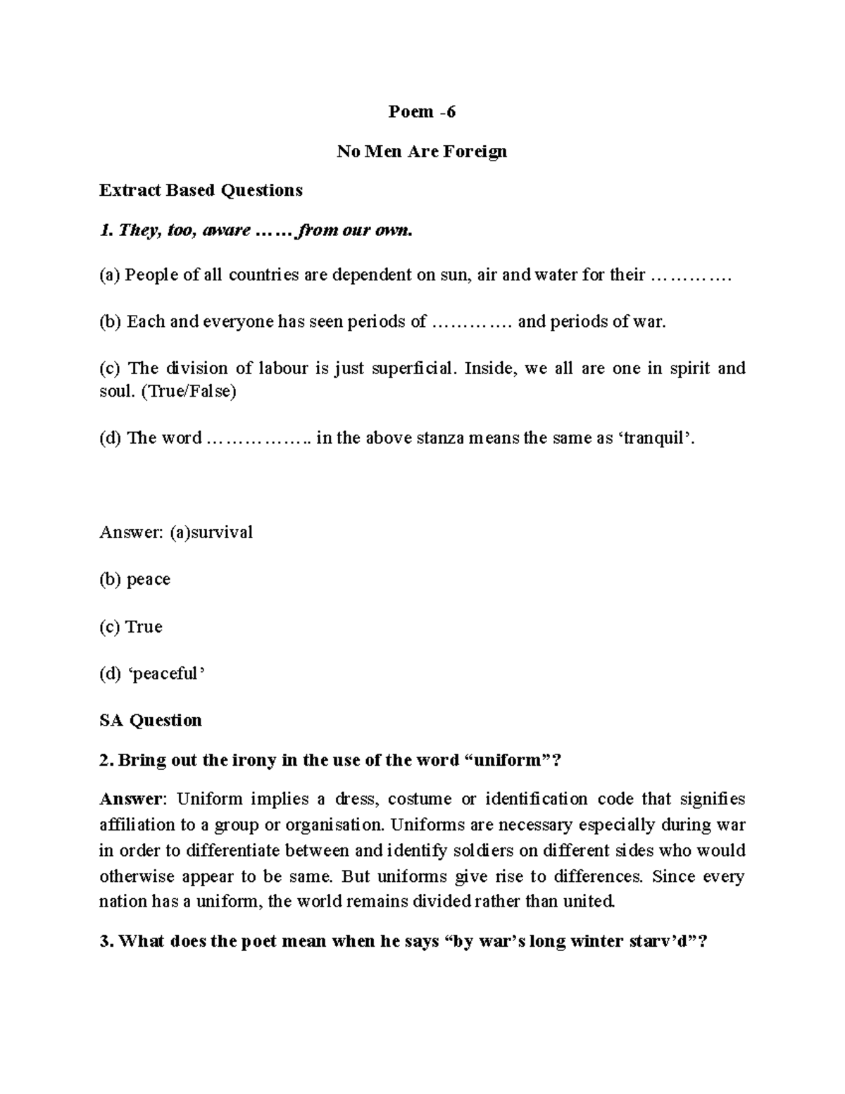 Poem - Useful for IX STUDENTS - Poem - No Men Are Foreign Extract Based ...