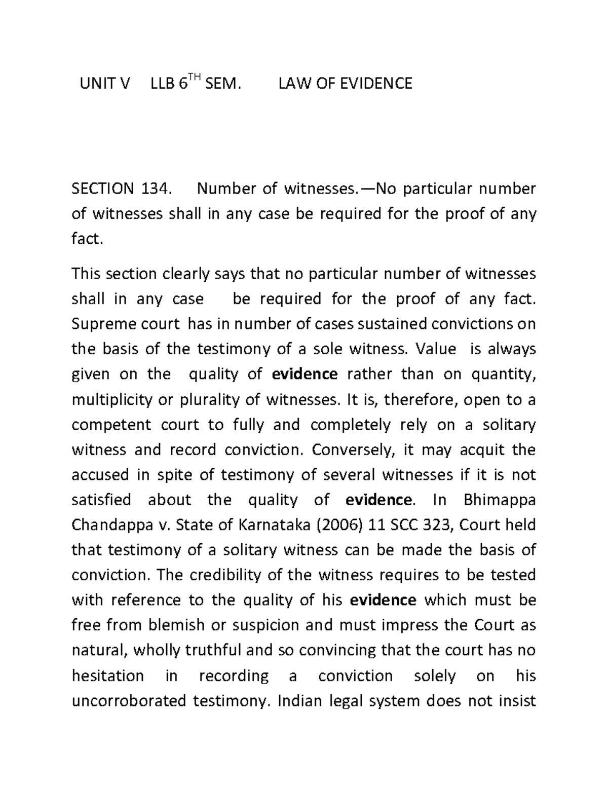 Evidence Law - NOTES - UNIT V LLB 6TH SEM. LAW OF EVIDENCE SECTION 134 ...