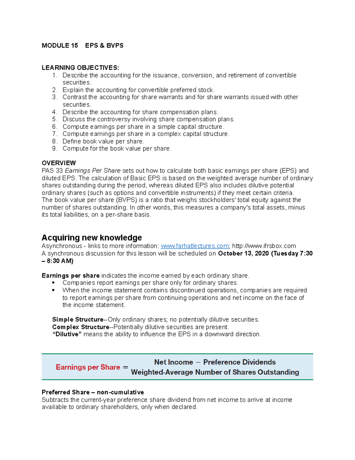 Module 15 EPS BVPS - PUP - MODULE 15 EPS & BVPS LEARNING OBJECTIVES ...