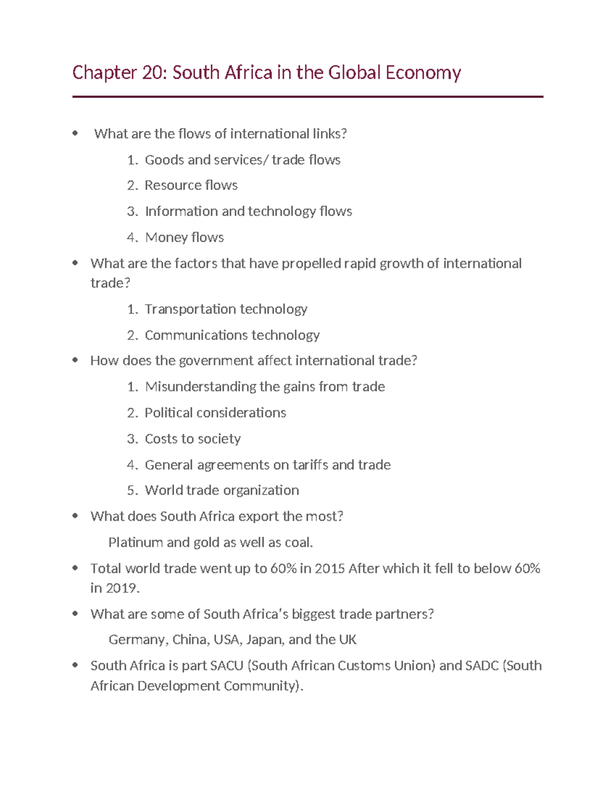 Chapter 20 EKN - Summary Economics - Chapter 20: South Africa in the ...