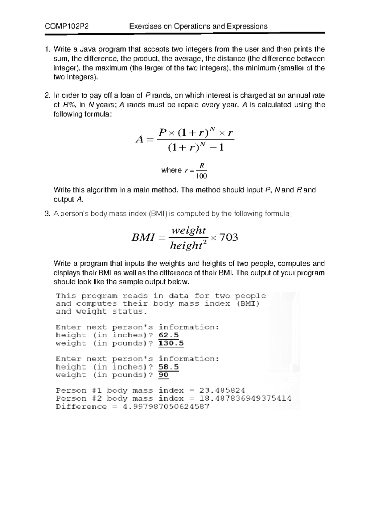 Lecture 2-Exercises - COMP102P2 Exercises on Operations and Expressions ...