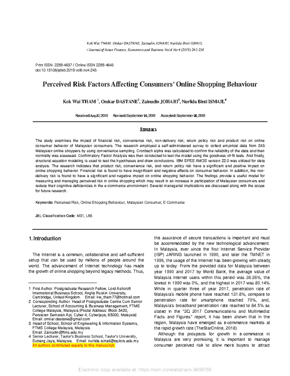 Perceived Risk Factors Affecting Consumers’ Online Shopping Behaviour ...