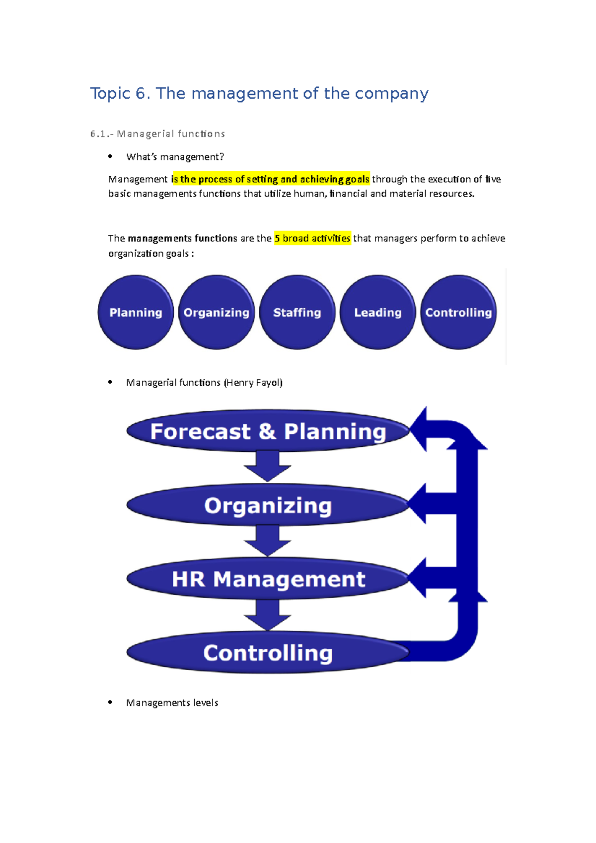 Tema 6 - tema 6 - Topic 6. The management of the company 6.- Managerial ...