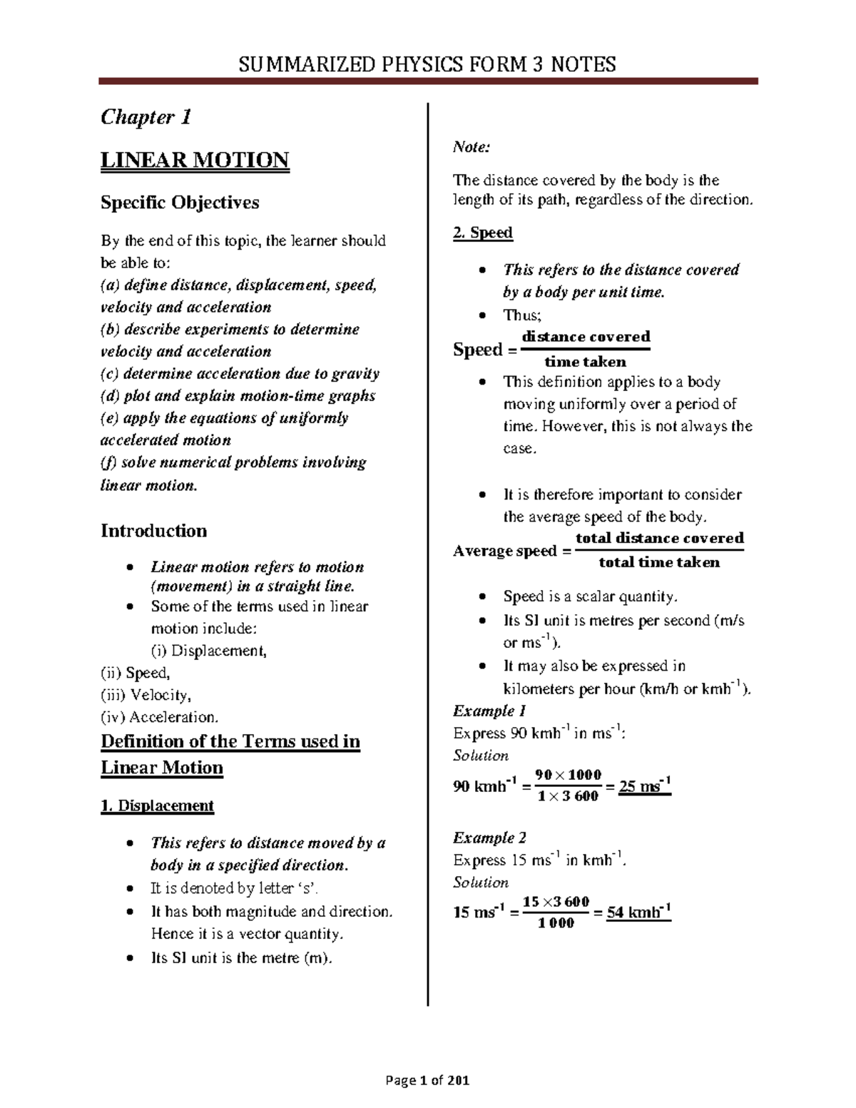 FORM 3 Notes - Chapter 1 LINEAR MOTION Specific Objectives By the end ...