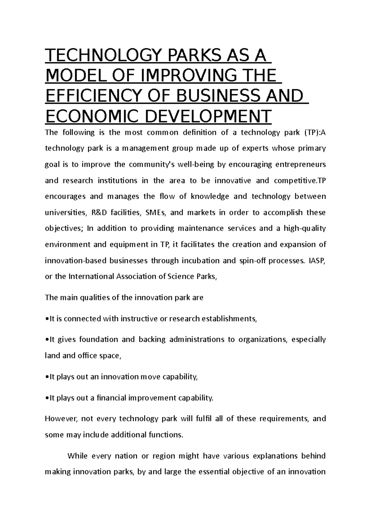 Technology Parks AS A Model OF Improving THE Efficiency OF Business AND ...