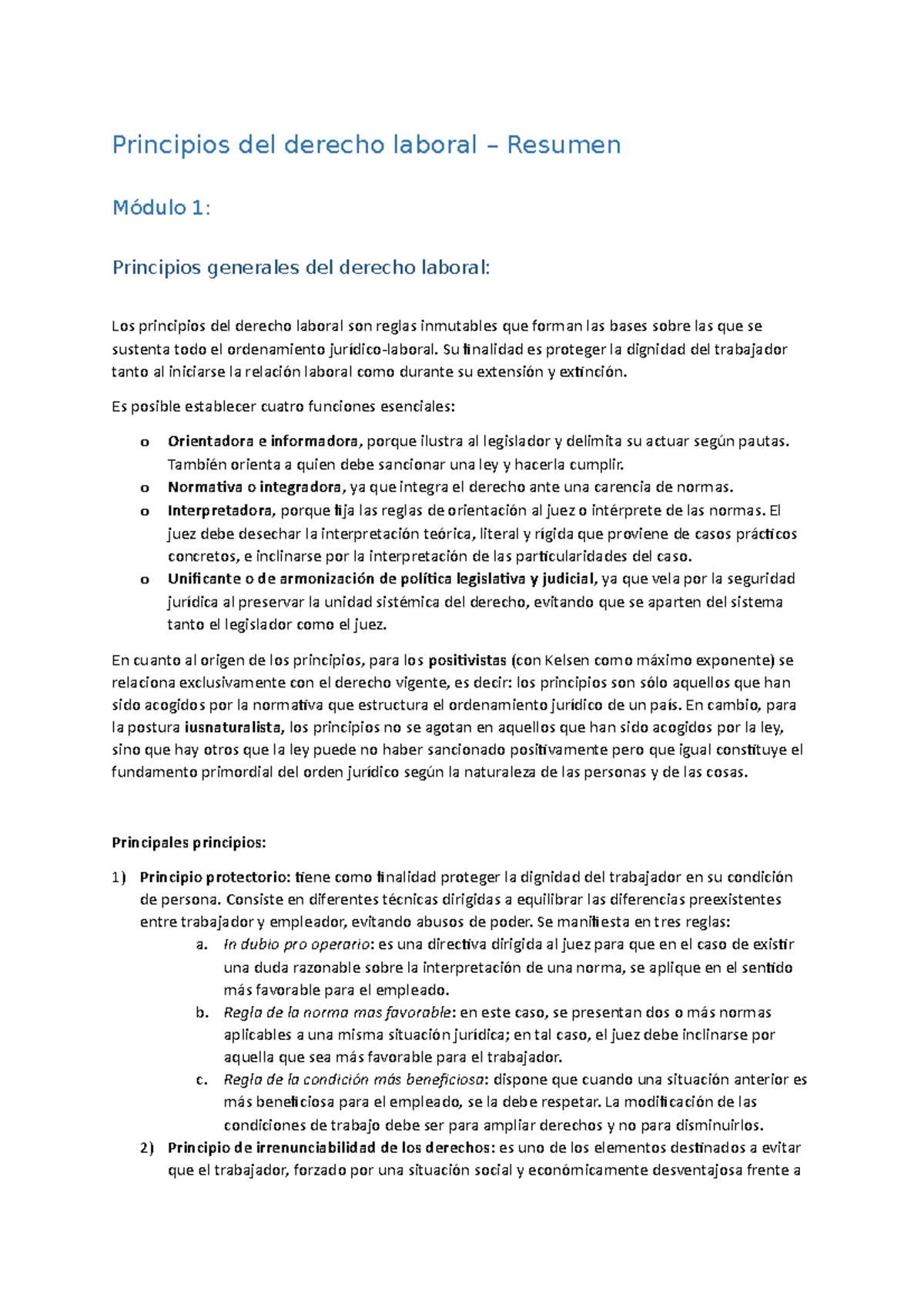 Principios Del Derecho Laboral Resumen Principios Del Derecho