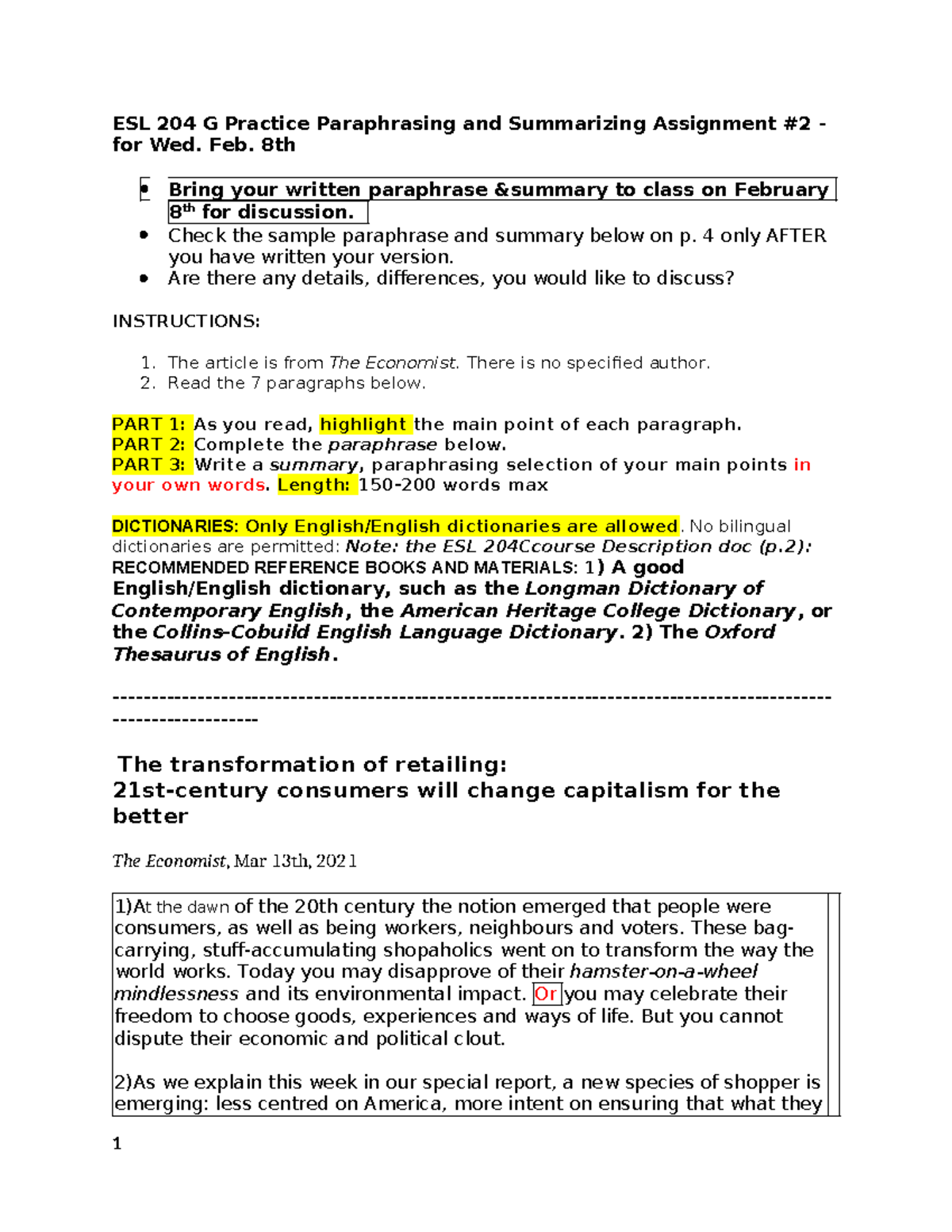 204 G 2ND Practice Paraphrasing and Summarizing Assignment - Feb. 8th Bring your written - Studocu