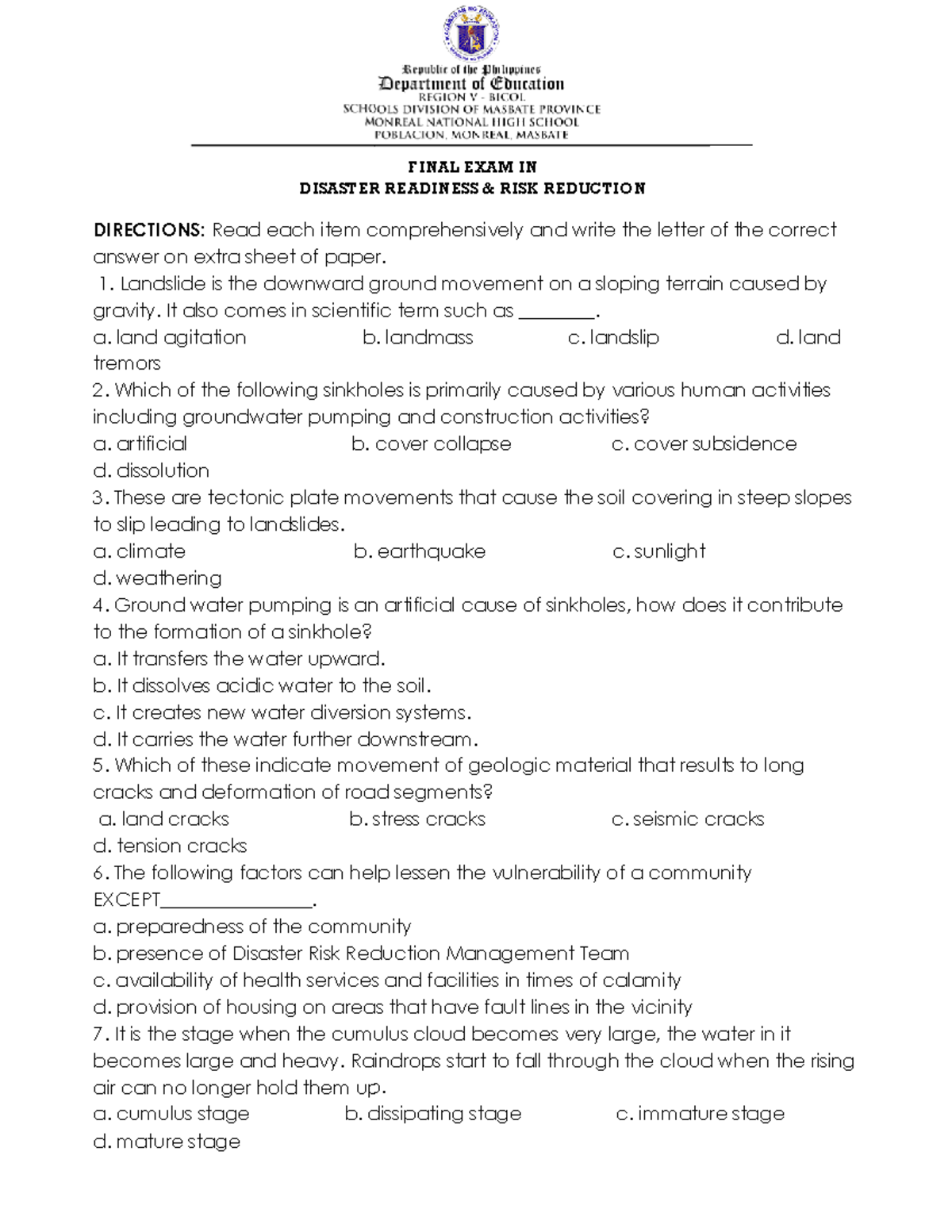 Unit test in DRRR - DIRECTIONS: Read each item comprehensively and ...