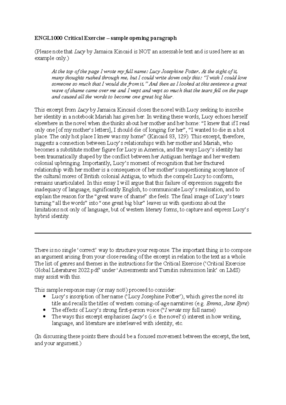 First Assessment Sample opening paragraph - ENGL1000 Critical Exercise ...