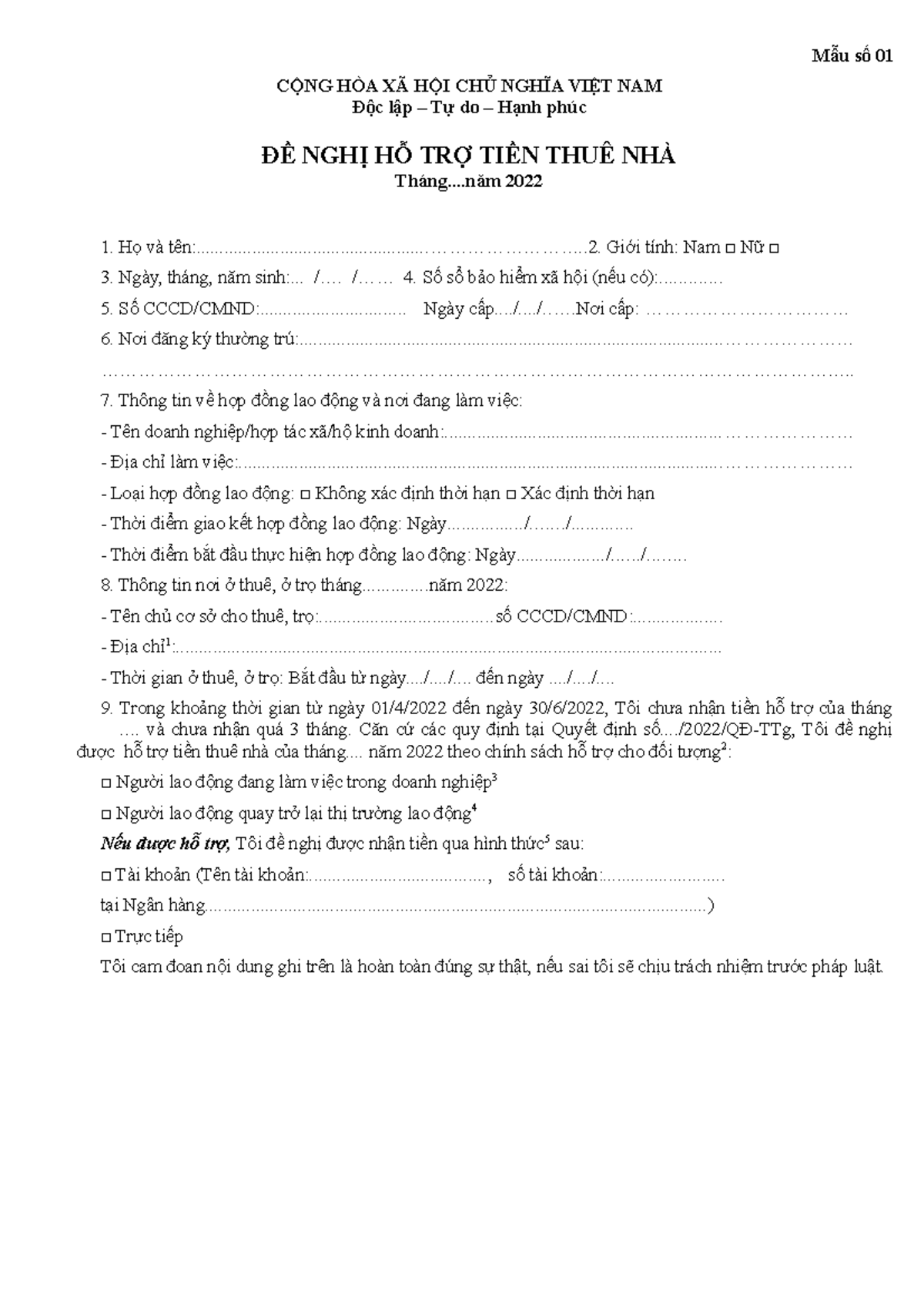 Mau de nghi ho tro tien thue nha - Mẫu số 01 CỘNG HÒA XÃ HỘI CHỦ NGHĨA ...