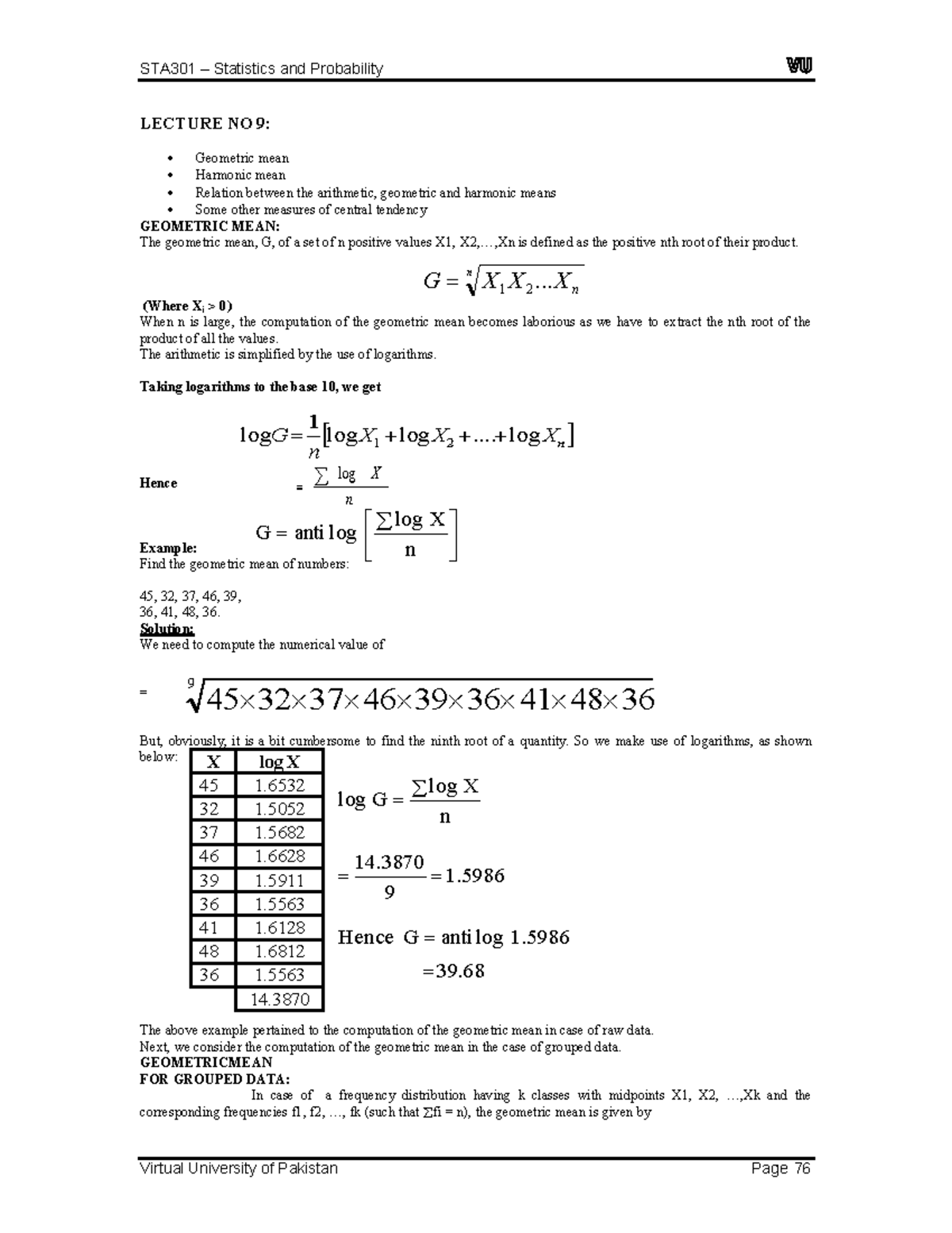 Lecture 09 - LECTURE NO 9: Geometric mean Harmonic mean Relation between the arithmetic, - Studocu