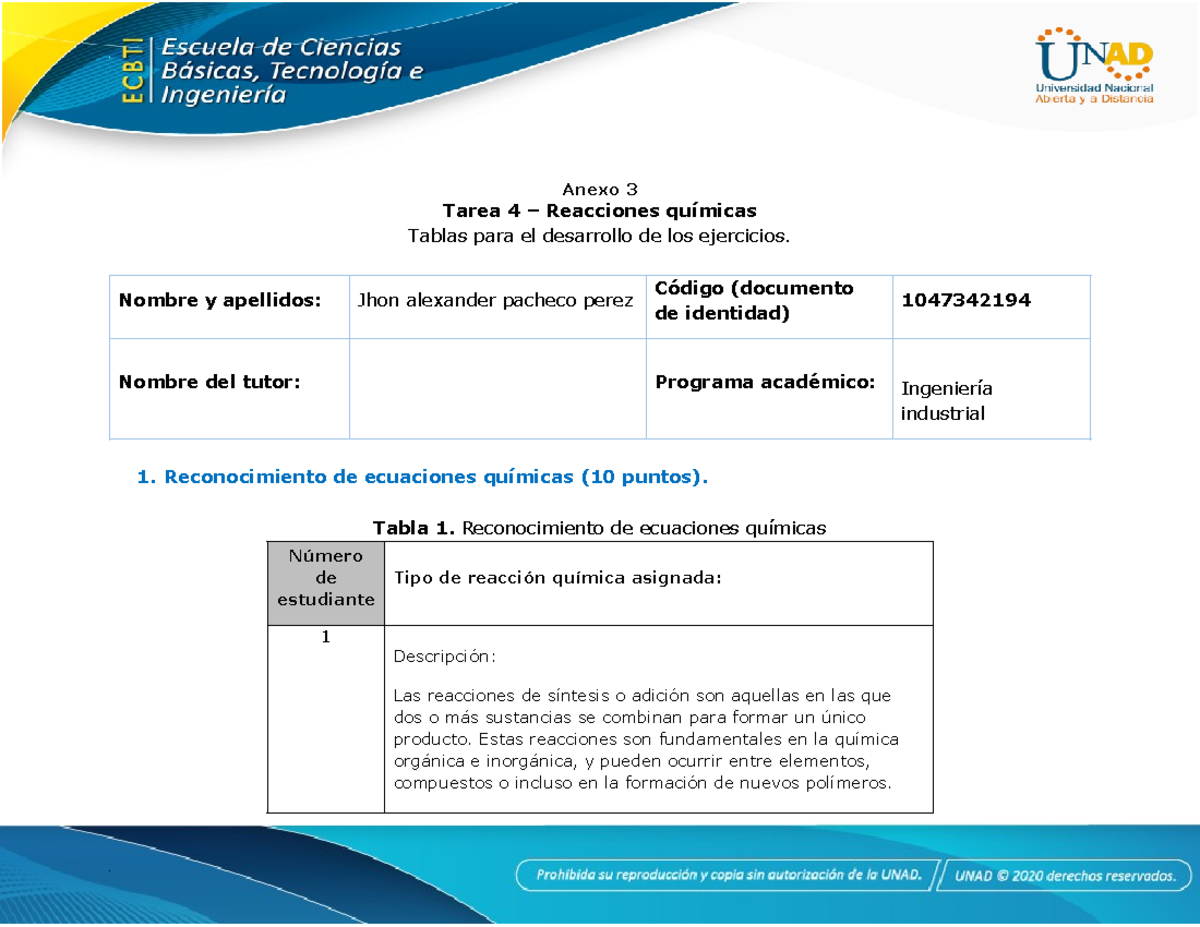 reacciones quimicas - Anexo 3 Tarea 4 – Reacciones químicas Tablas para ...