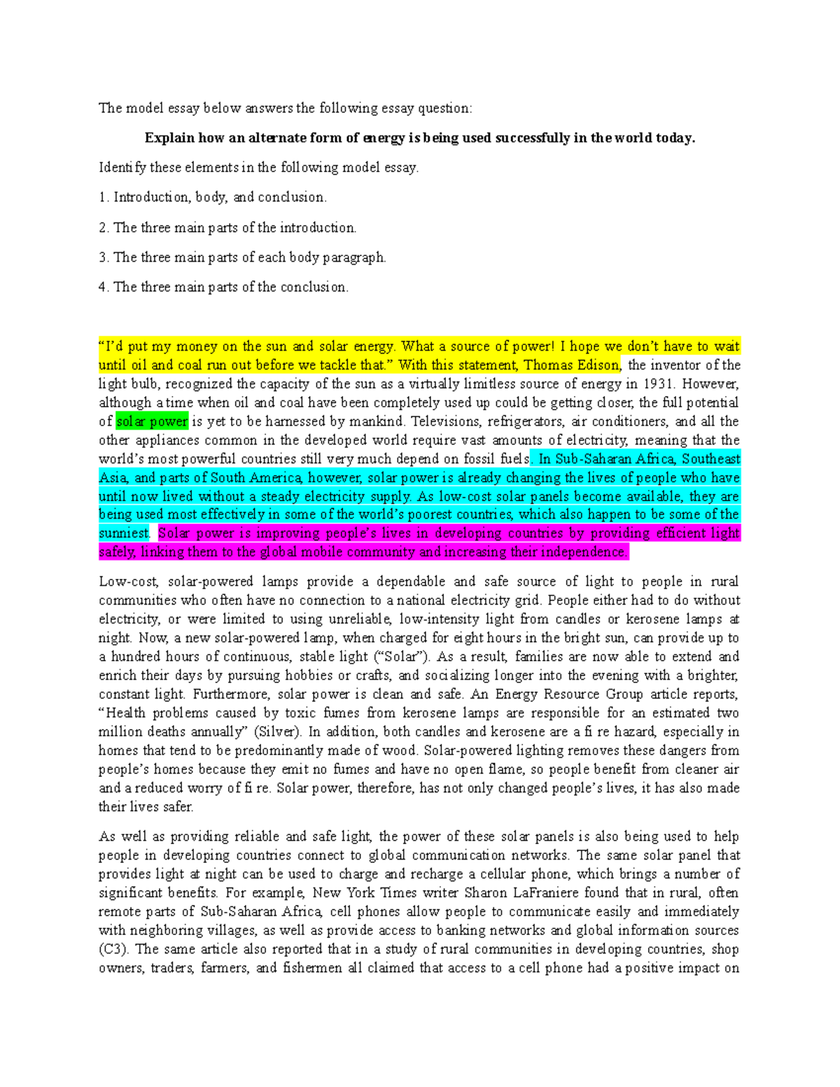 ELC231 - Example and Practise of Essay Model - The model essay below ...