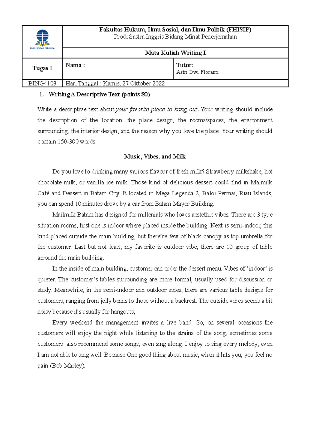 Writing_TMK3_UT_Sastra Inggris - Writing A Descriptive Text (points 80 ...