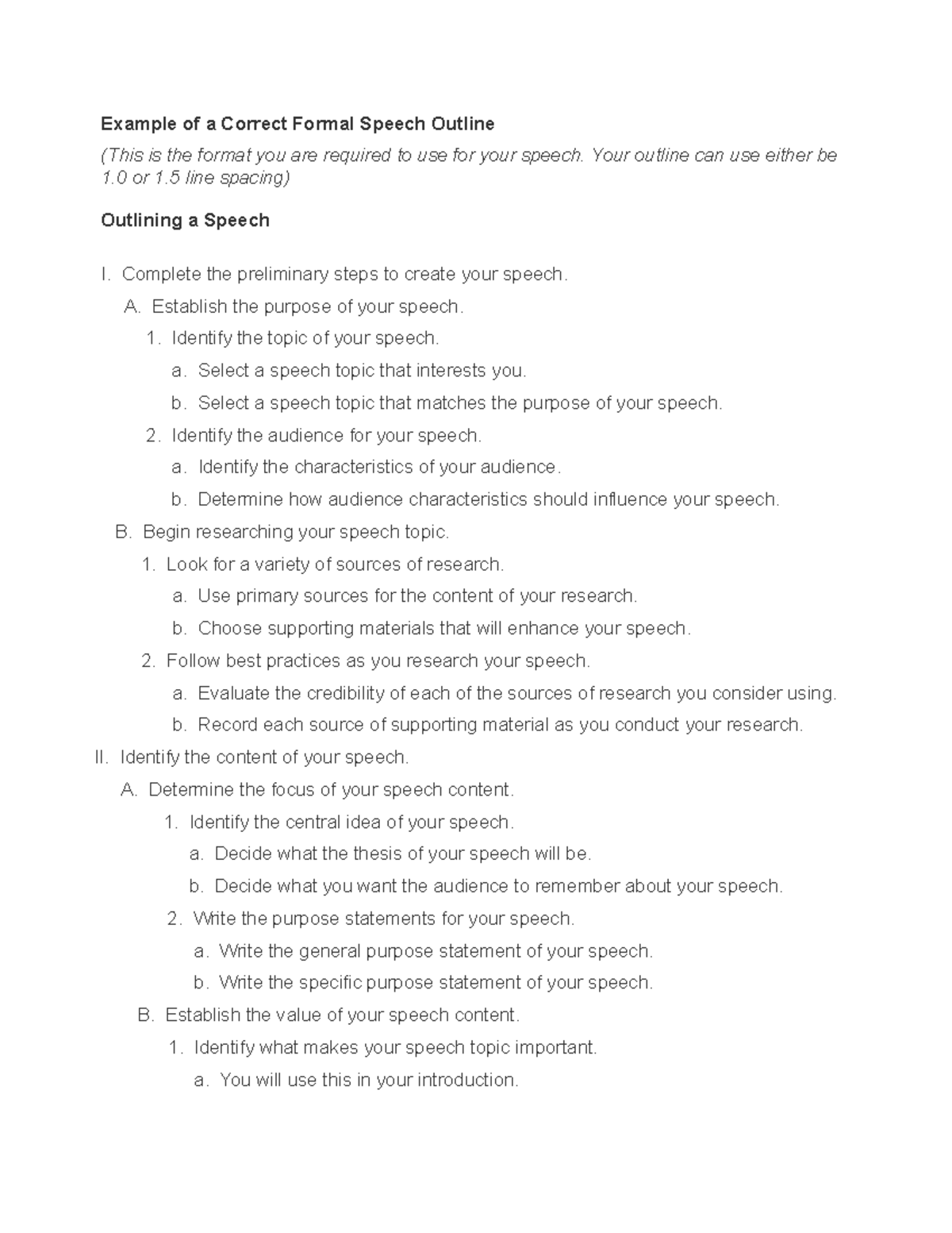 Correct Speech Outline Example - Example of a Correct Formal Speech ...