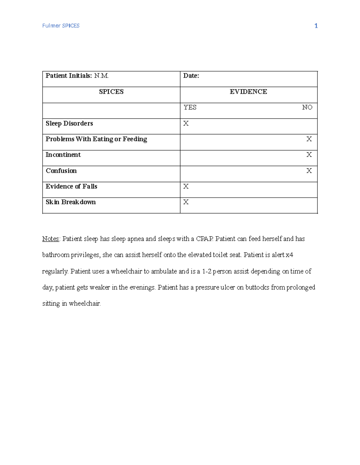 Spices Assessment & Reflection - Patient Initials: N. Date: SPICES ...