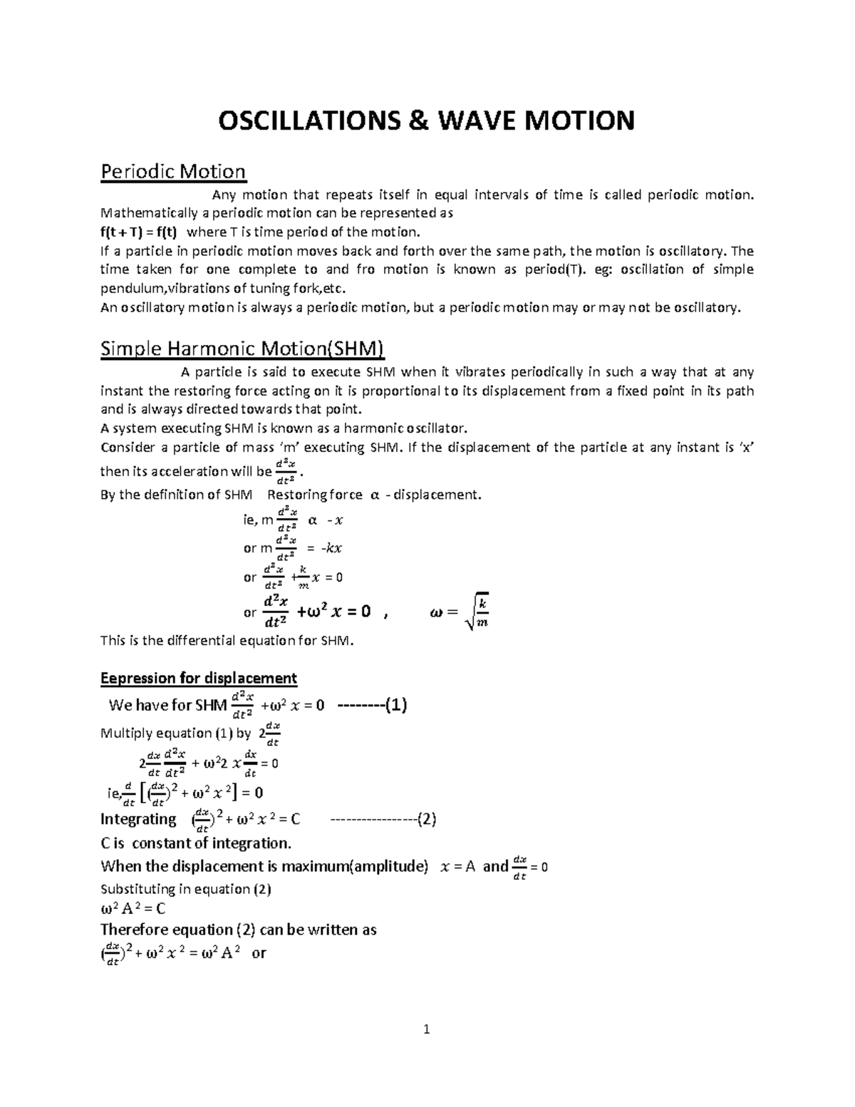Oscillations - Complementary physics - OSCILLATIONS & WAVE MOTION ...