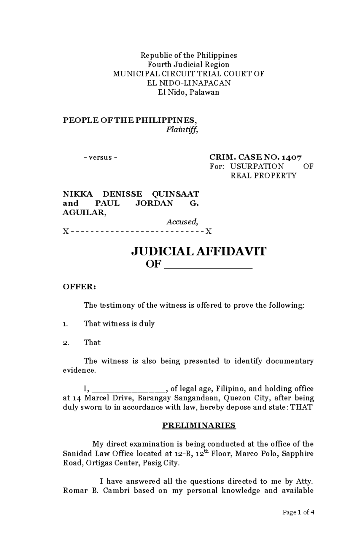 Sample-judaff compress - Republic of the Philippines Fourth Judicial ...