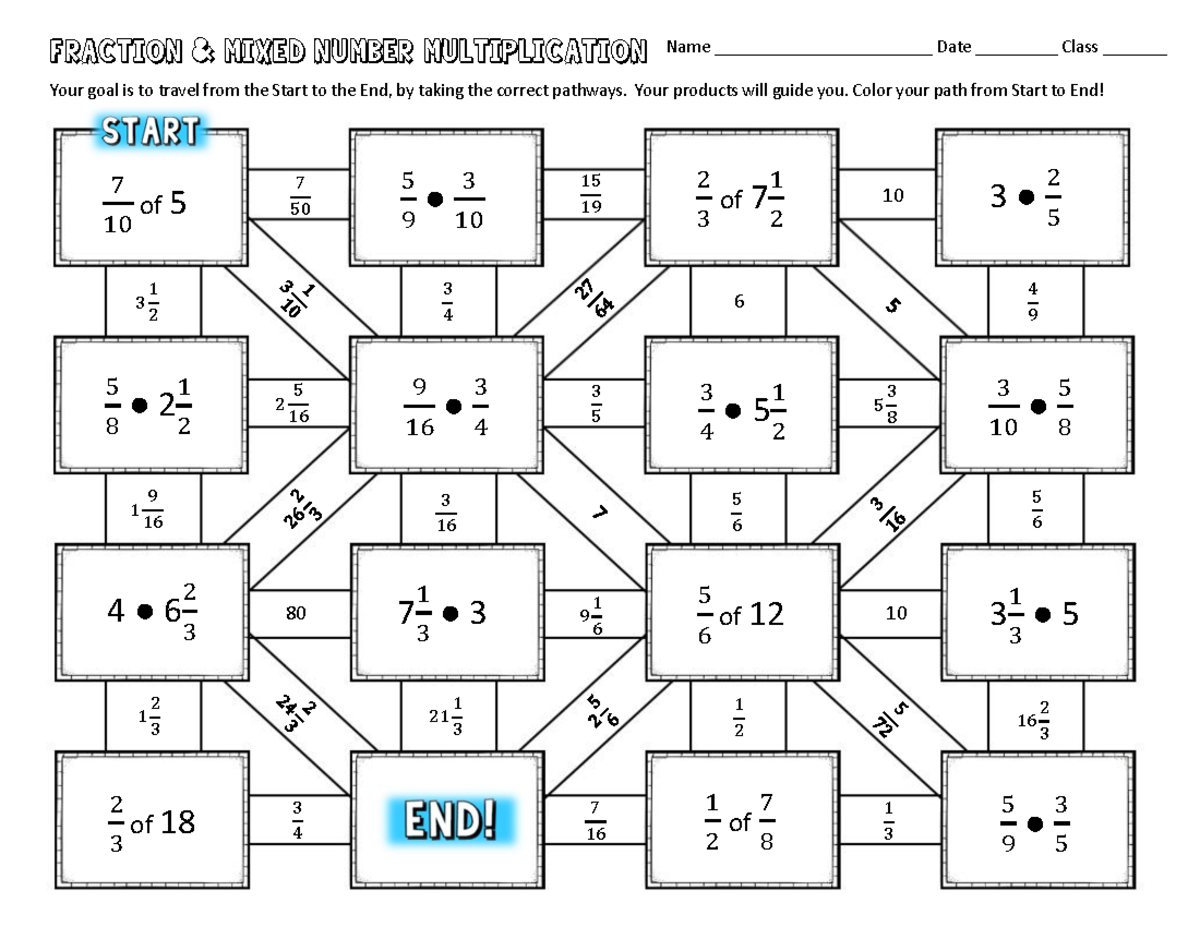 Fractionand Mixed Number Multiplication Math Maze-1 - Fraction & Mixed ...