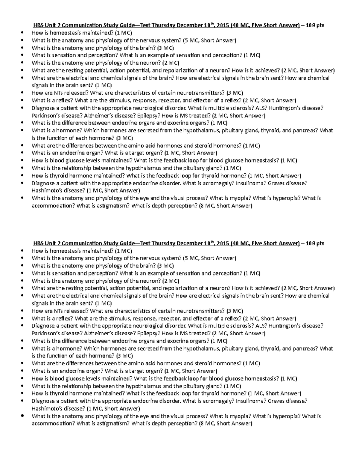 HBS Unit 2 Study Guide - Human body systems home work assignment. - HBS ...