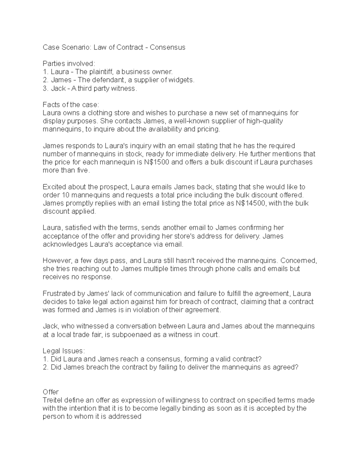 Case Scenario law of contract friday submittion - Case Scenario: Law of ...