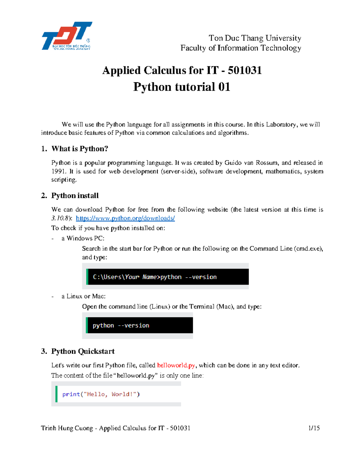 Lab01 Python 1 - GOOD - Faculty of Information Technology Trinh Hung Cuong - Applied Calculus ...