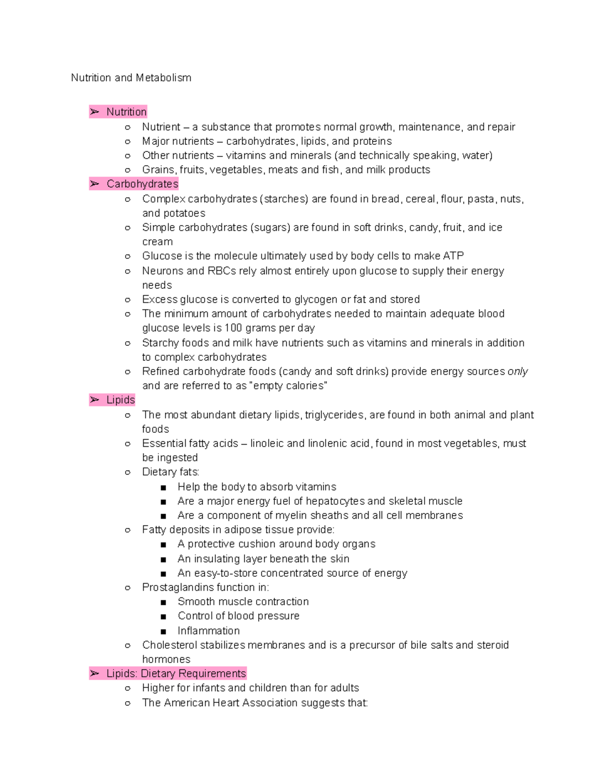 Nutrition and Metabolism - Studocu