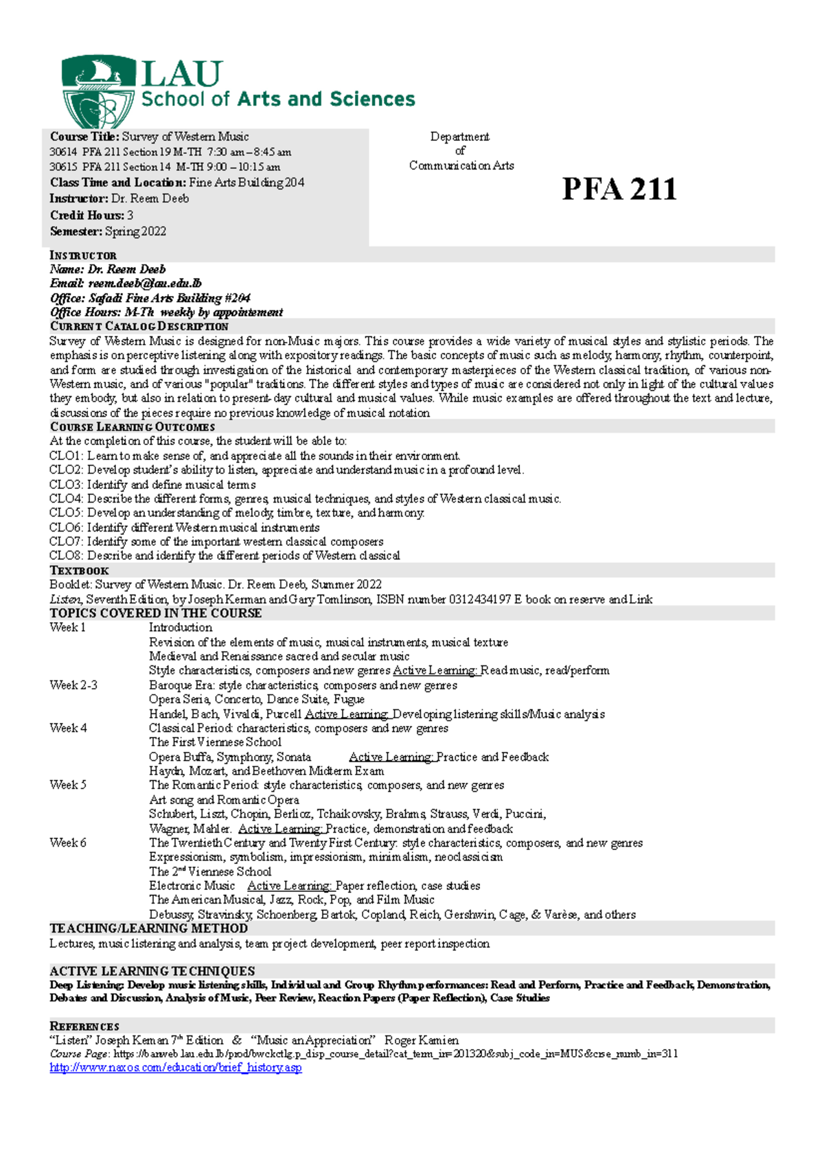 PFA211-Summer 2022-Syllabus- Dr. Reem Deeb - Course Title: Survey of ...