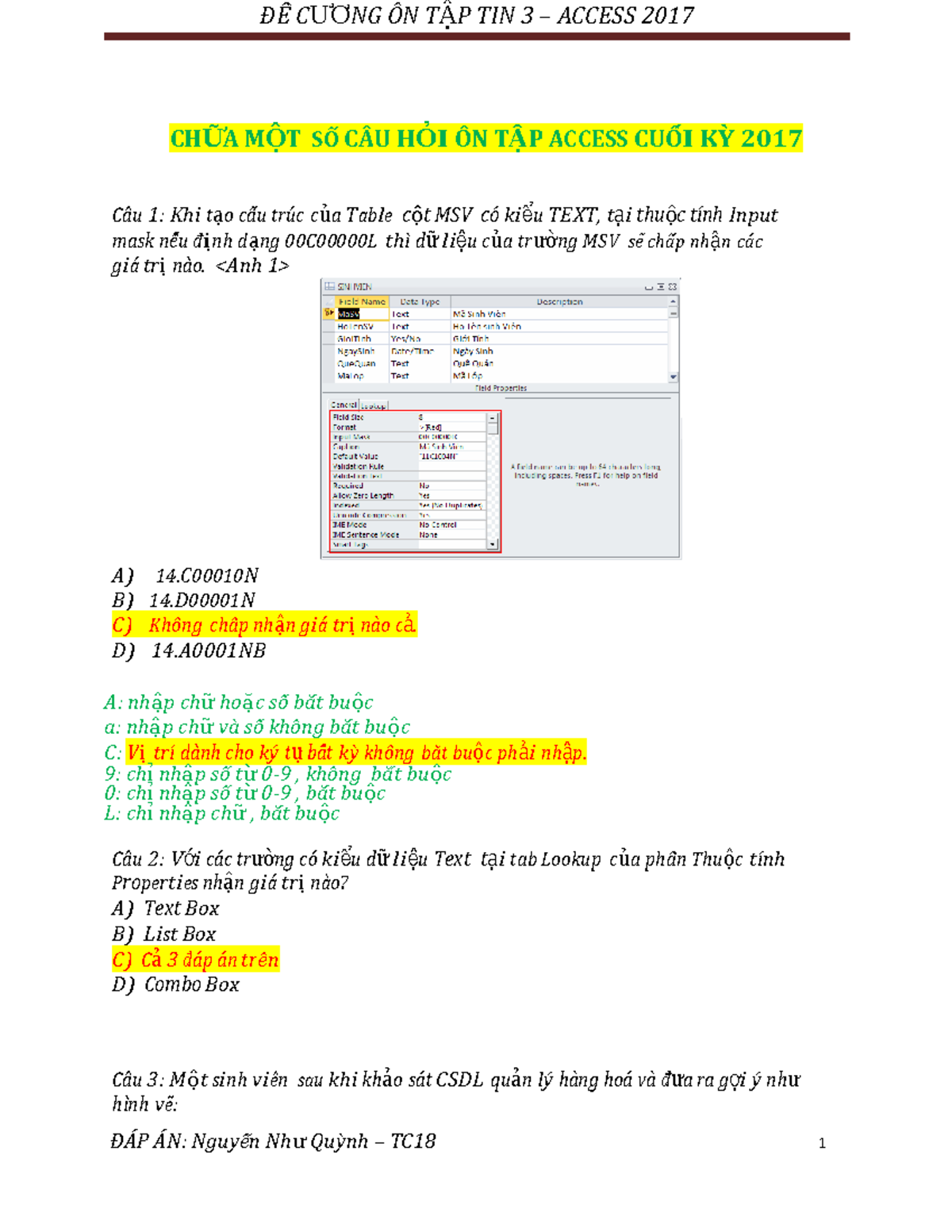 ôn tập sql - ằcqfva - CH ỮA M ỘT SỐỐ CÂU HỎI ỐN TẬP ACCESS CUỐỐI KỲ ...