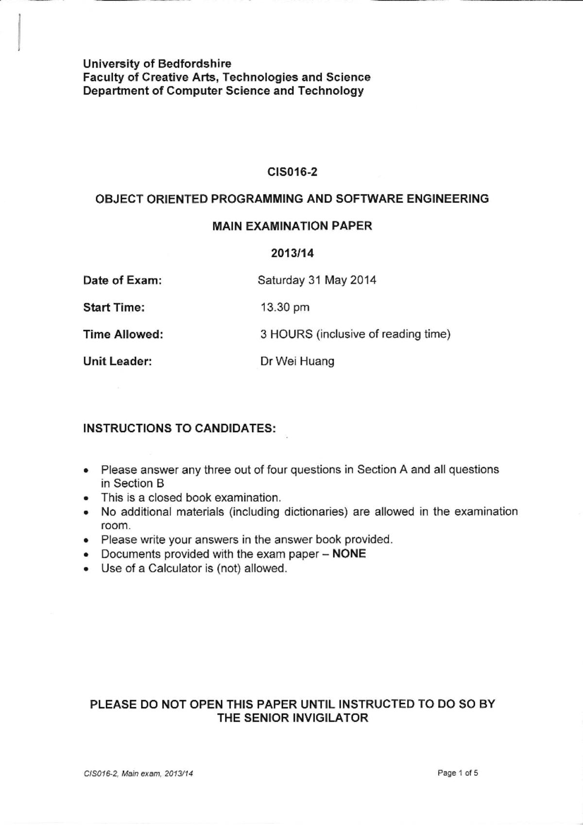 Exam 31 May 2014, questions - University of Bedfordshire Faculty of Creative Arts, Technologies ...
