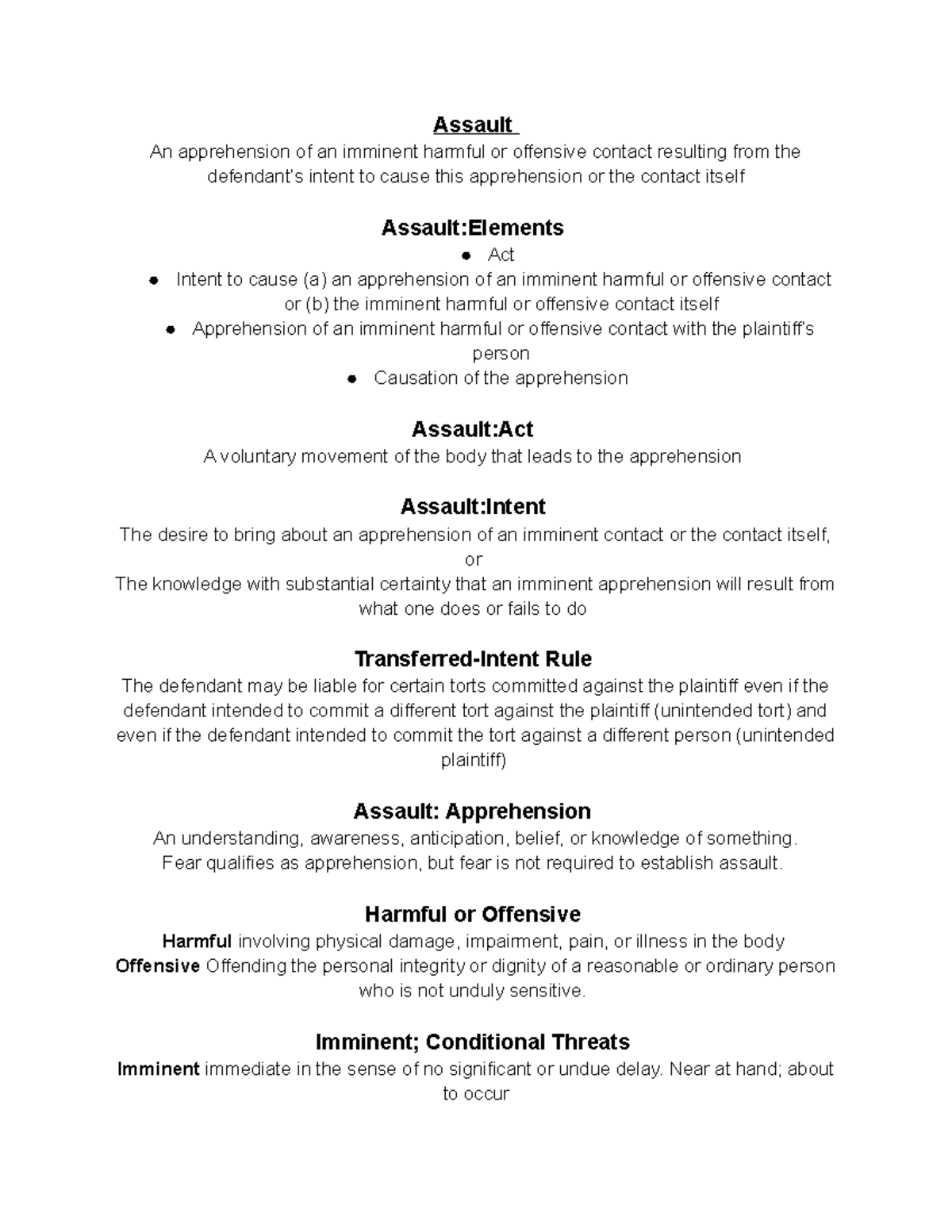 Assault - Assault An apprehension of an imminent harmful or offensive ...