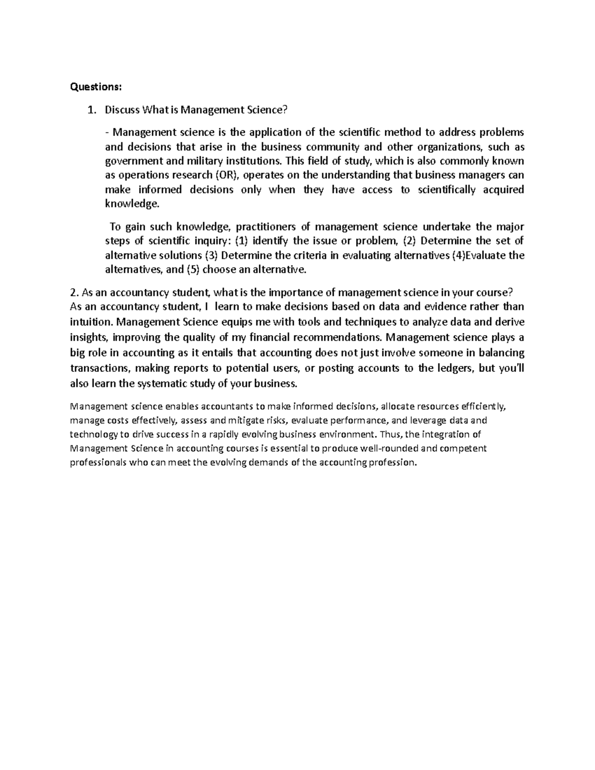 222 - sddddd - Questions: Discuss What is Management Science ...