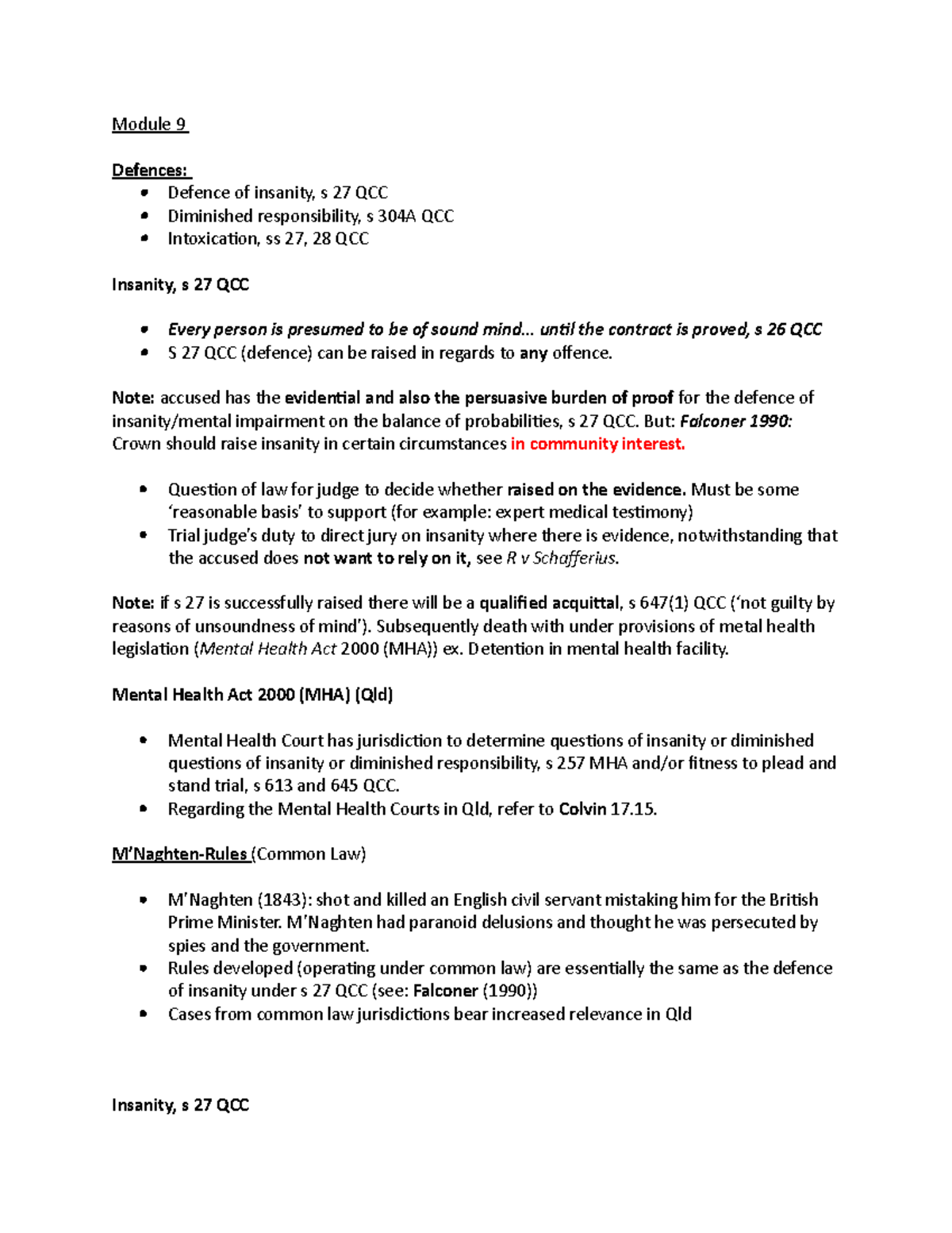 Module 9 Notes - Module 9 Defences: Defence of insanity, s 27 QCC ...