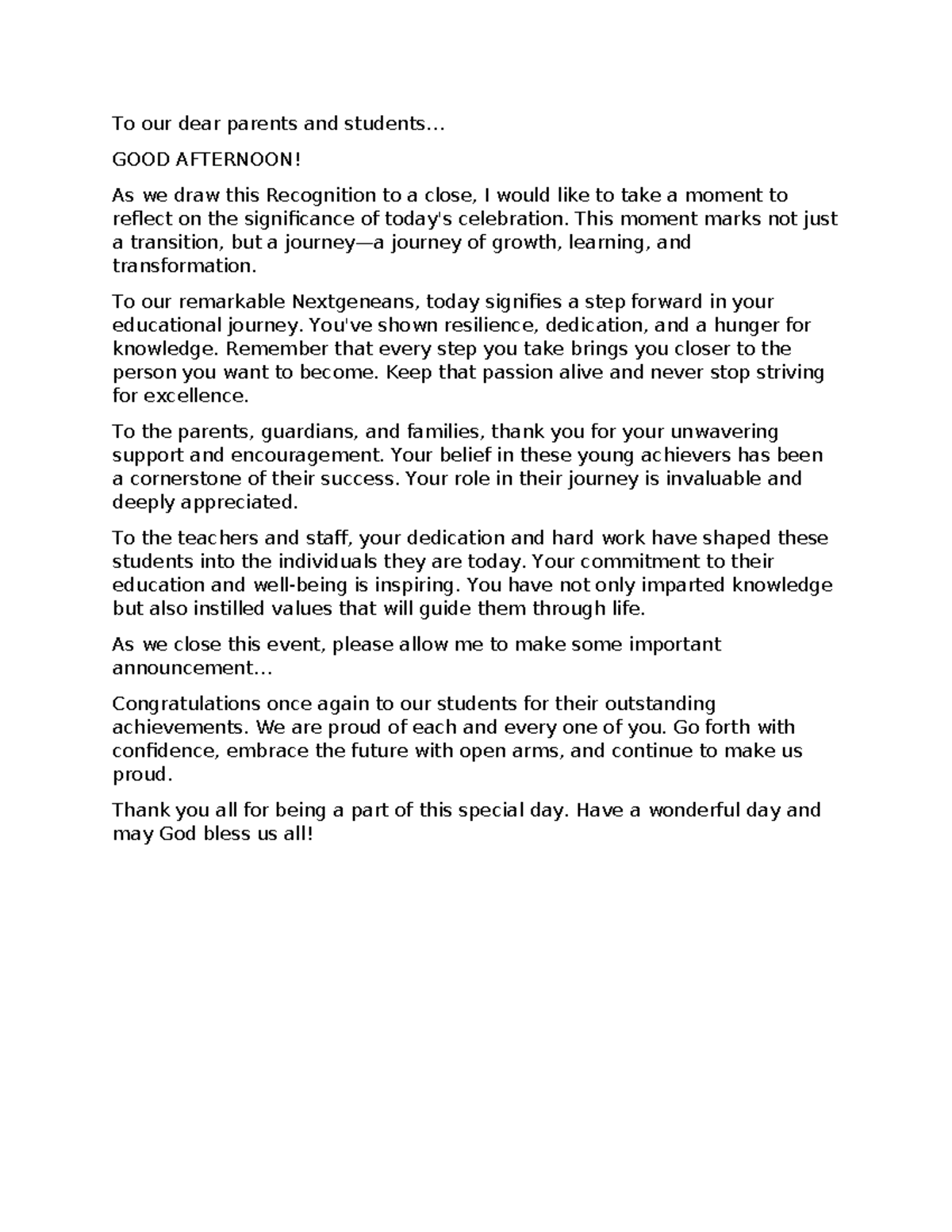 V2-closing remarks-2024 - To our dear parents and students... GOOD ...