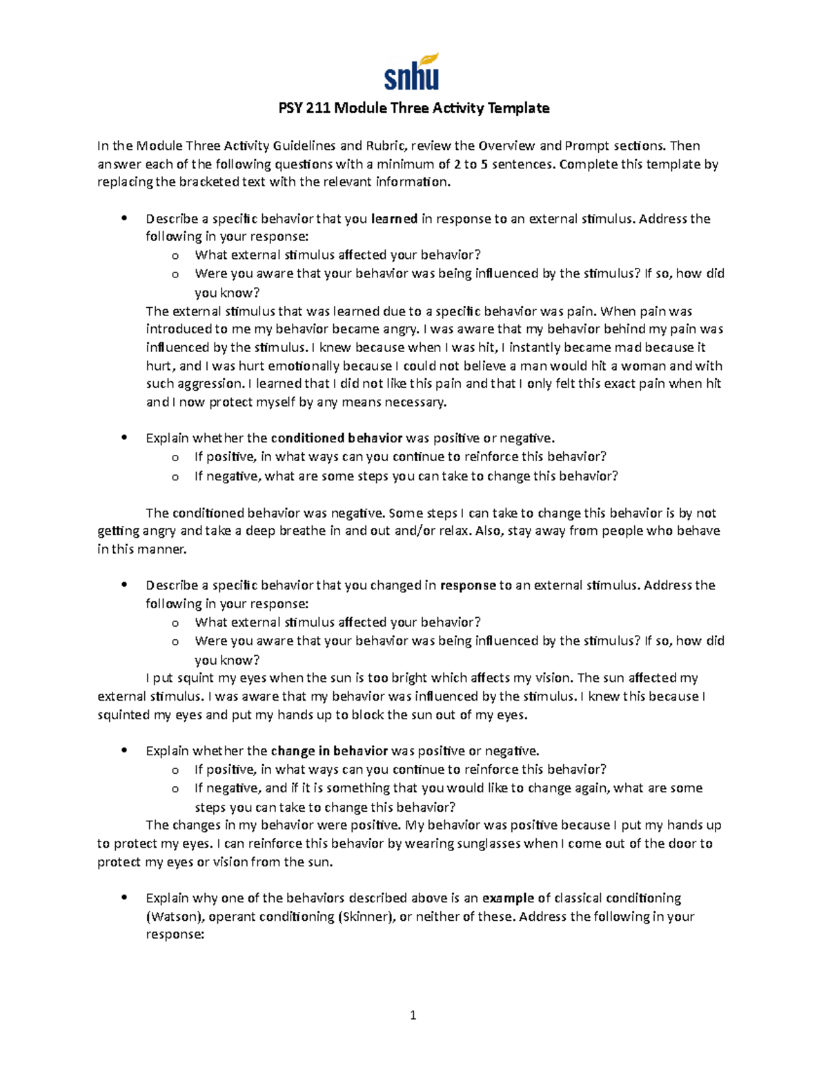 PSY 211 Module Three Activity Template - Then answer each of the ...