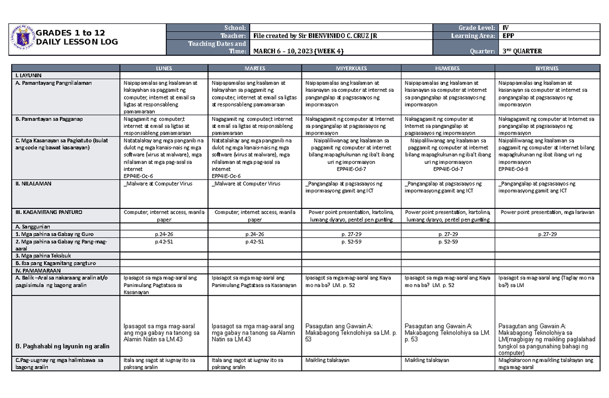 DLL EPP 4 Q3 W4 - ples - GRADES 1 to 12 DAILY LESSON LOG School: Grade ...