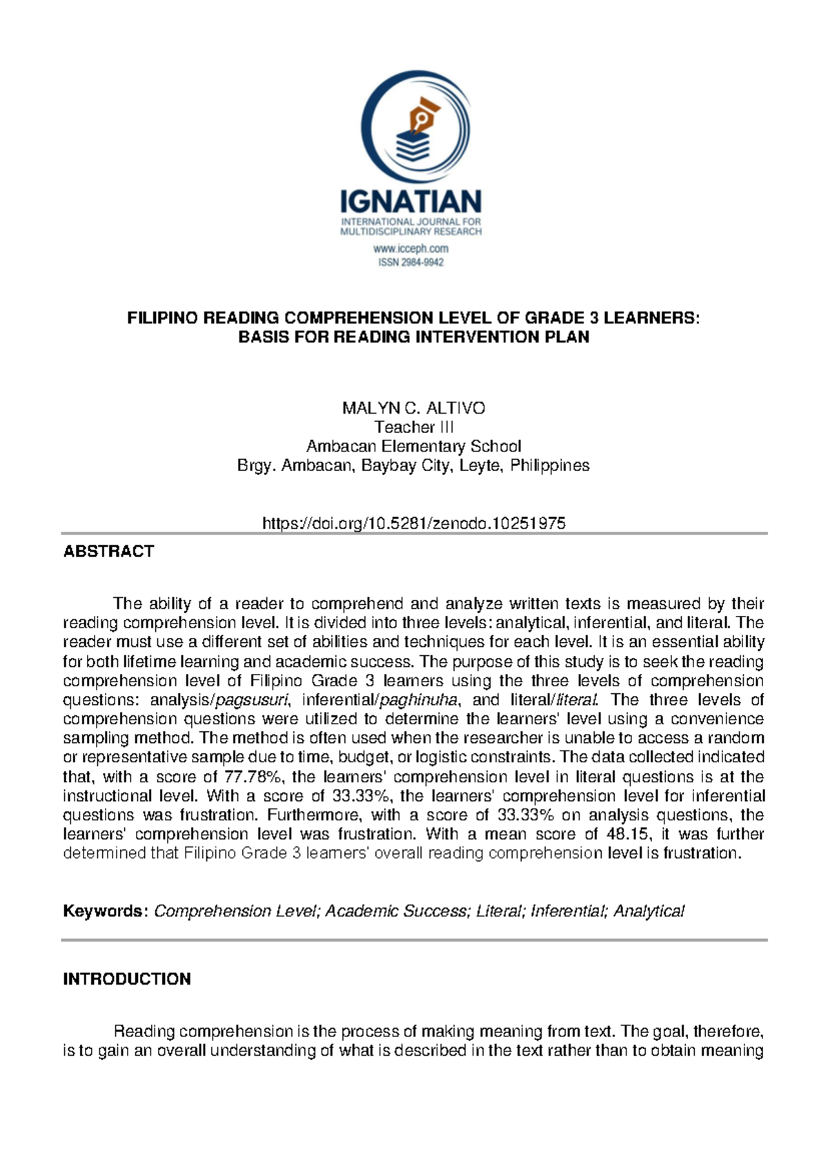 Filipino reading comprehension level of grade 3 learners basis for ...