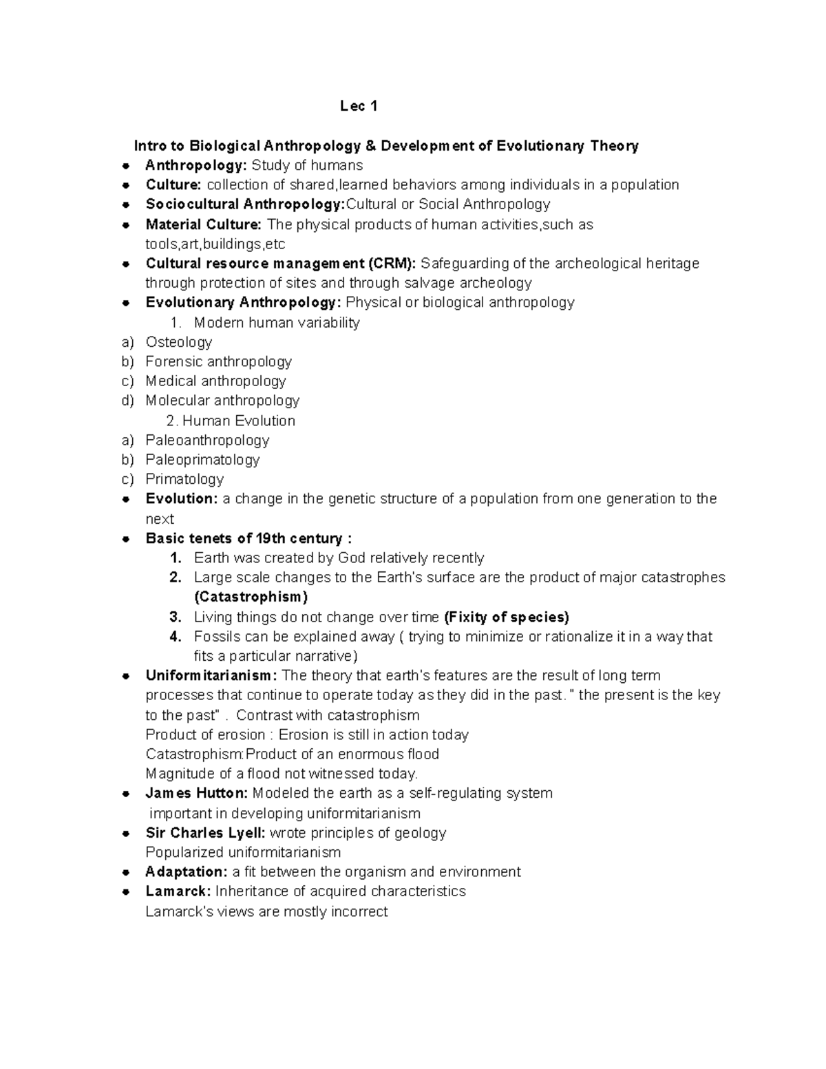 Ant Lec1 - class notes - Lec 1 Intro to Biological Anthropology ...