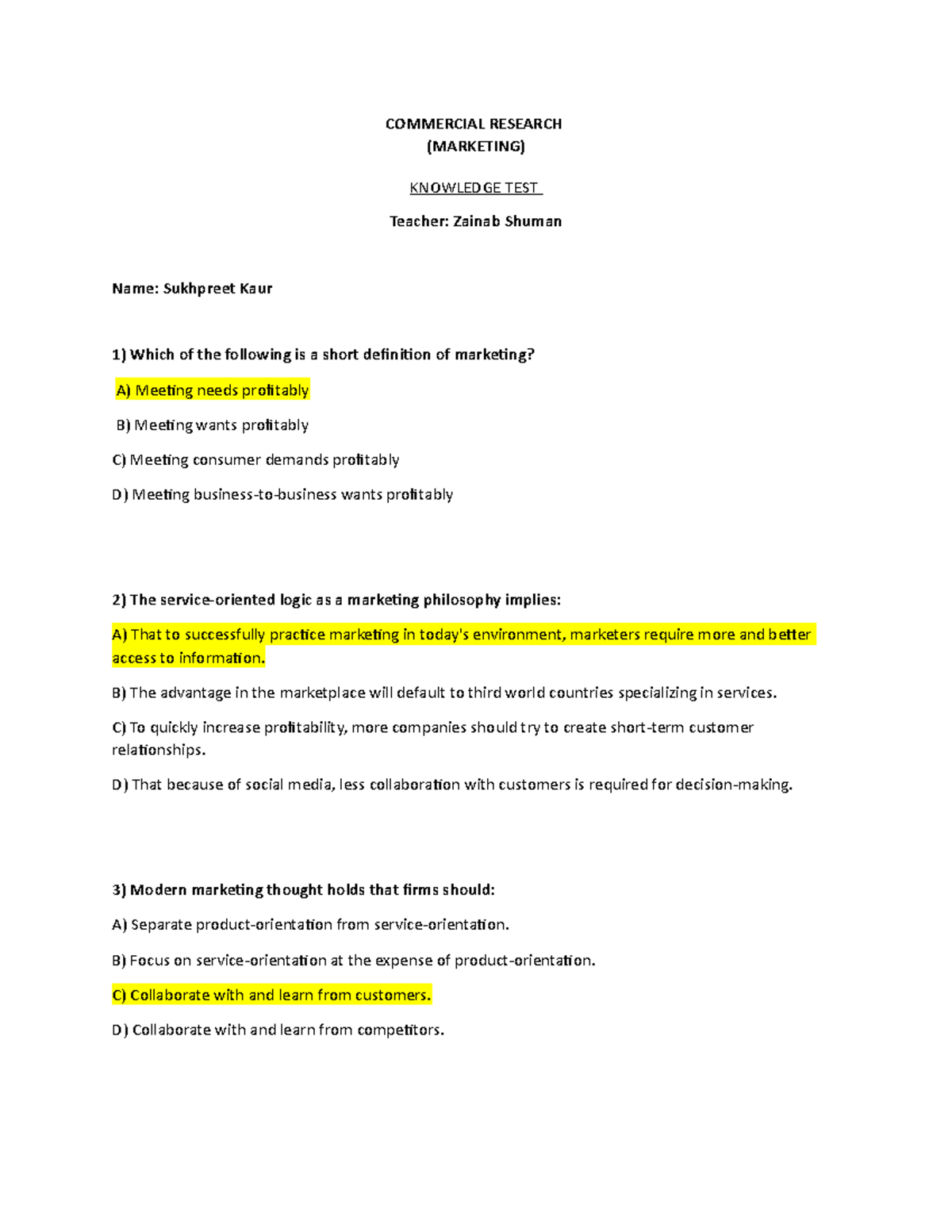 Commercial Research knowledge test - COMMERCIAL RESEARCH (MARKETING ...