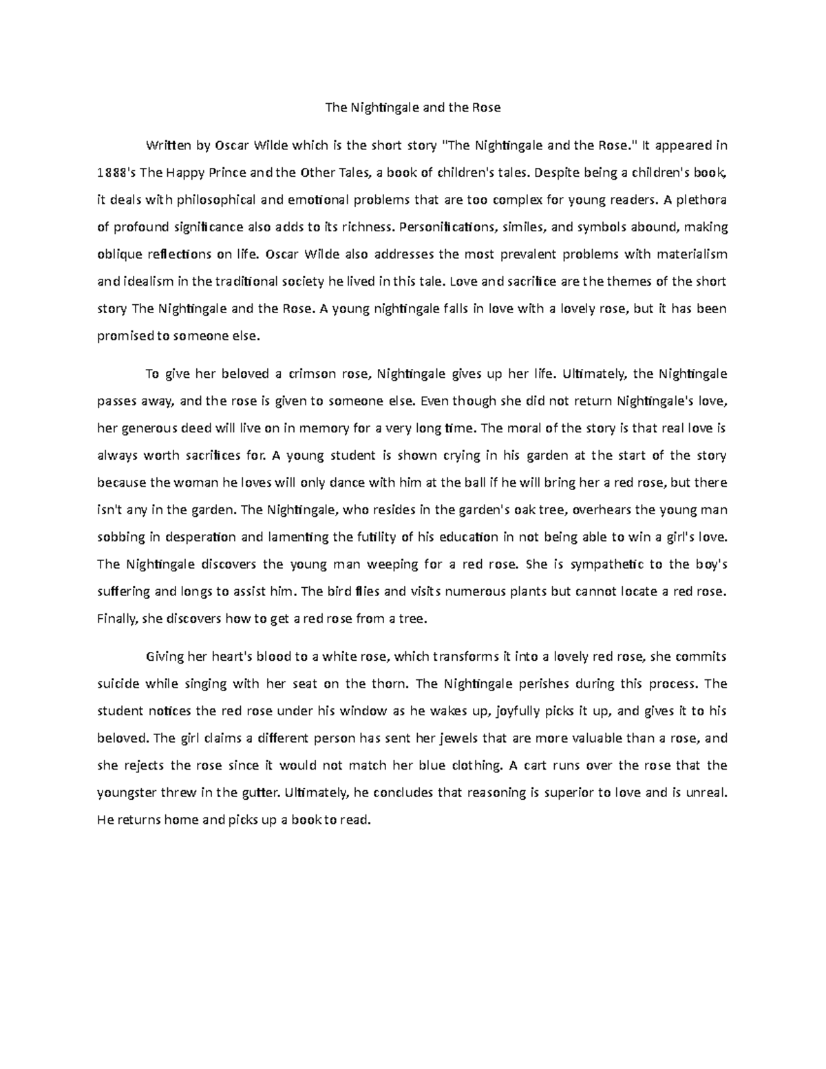 Short story - N/A - The Nightingale and the Rose Written by Oscar Wilde ...