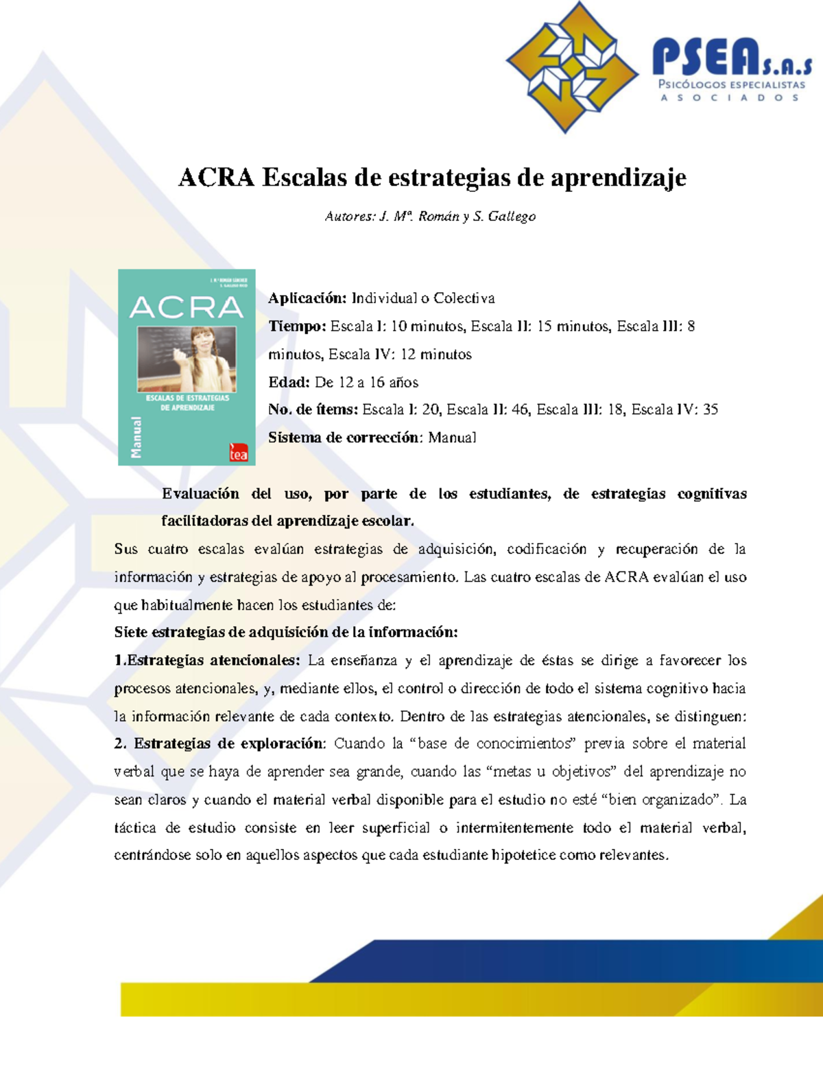ACRA Escalas de estrategias de aprendizaje - Mª. Román y S. Gallego ...