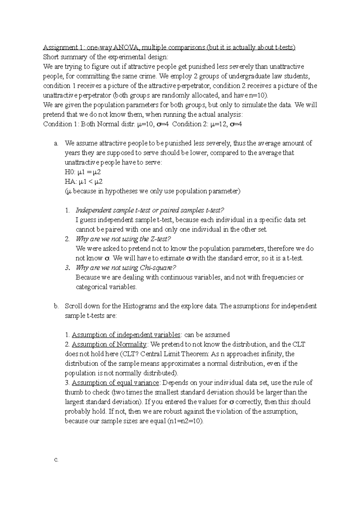 Assignment 1 Statistics - Assignment 1: one-way ANOVA, multiple comparisons (but it is actually ...