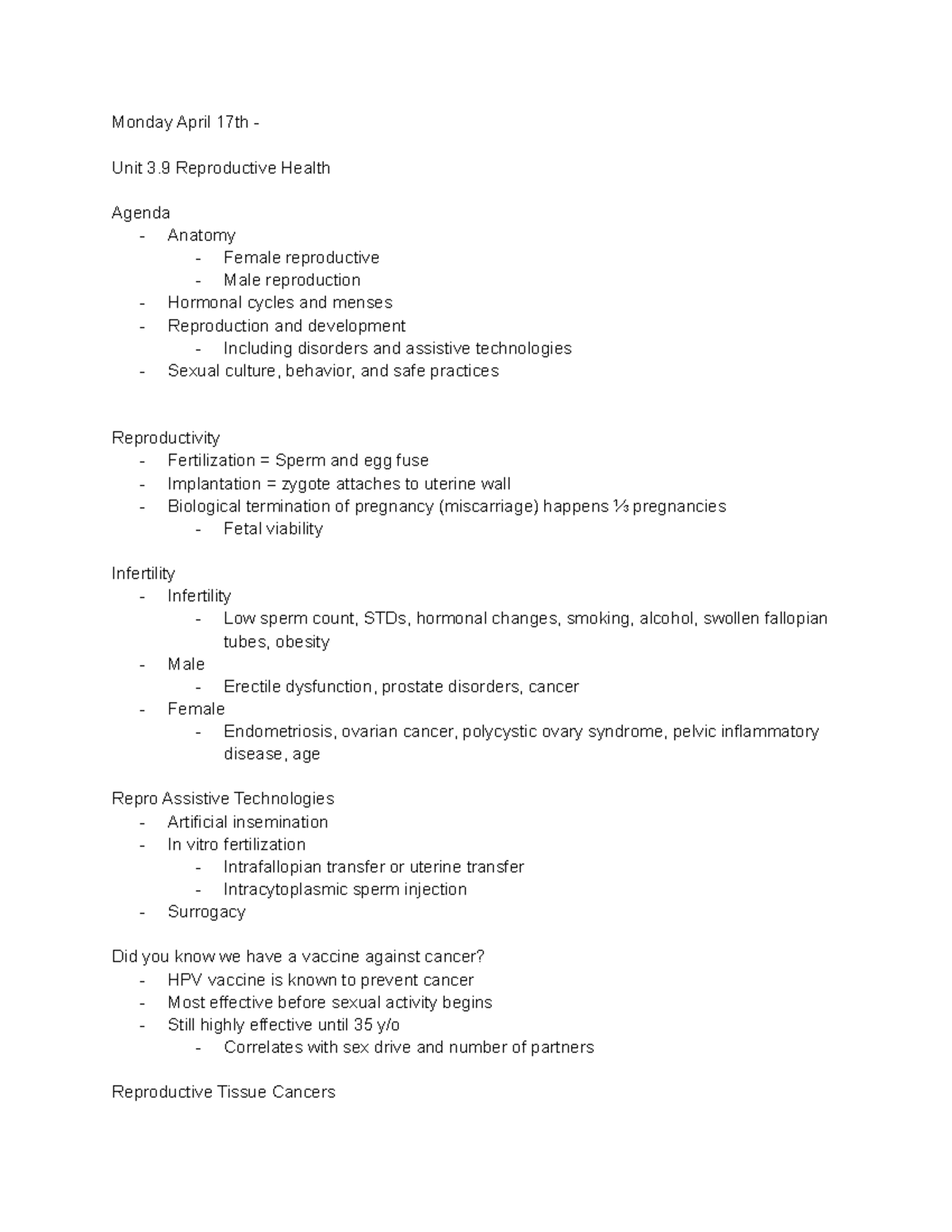 Week 13 - Biology - Monday April 17th - Unit 3 Reproductive Health ...