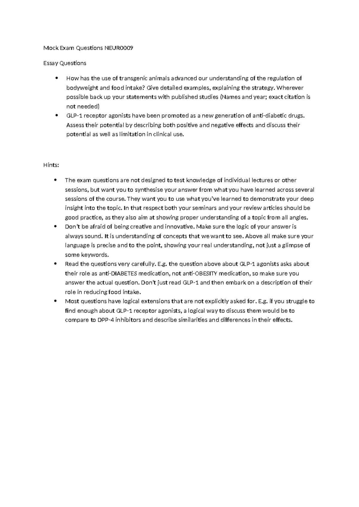 Mock Exam Questions NEUR0009 - Mock Exam Questions NEUR Essay Questions ...