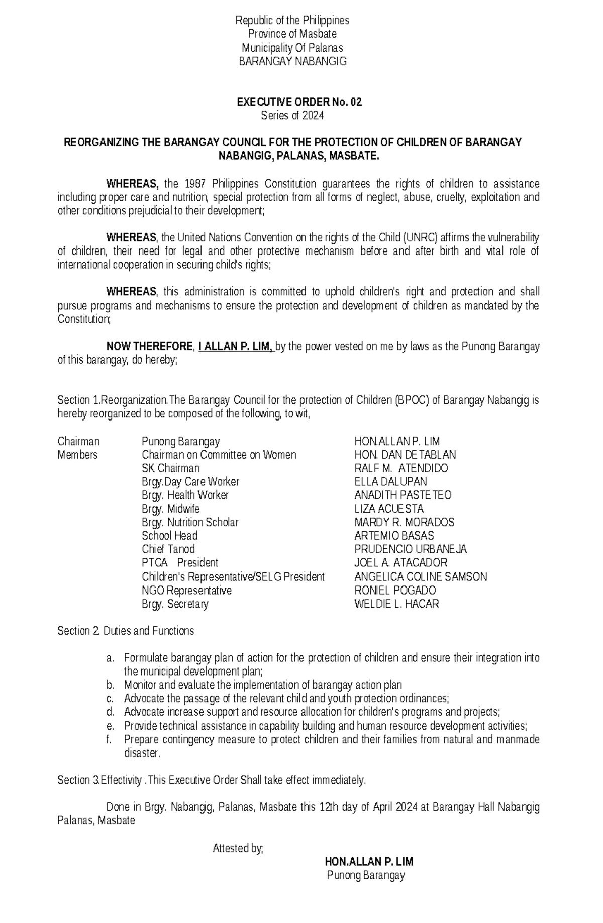 BCPC Executive Order 02 - Republic of the Philippines Province of ...