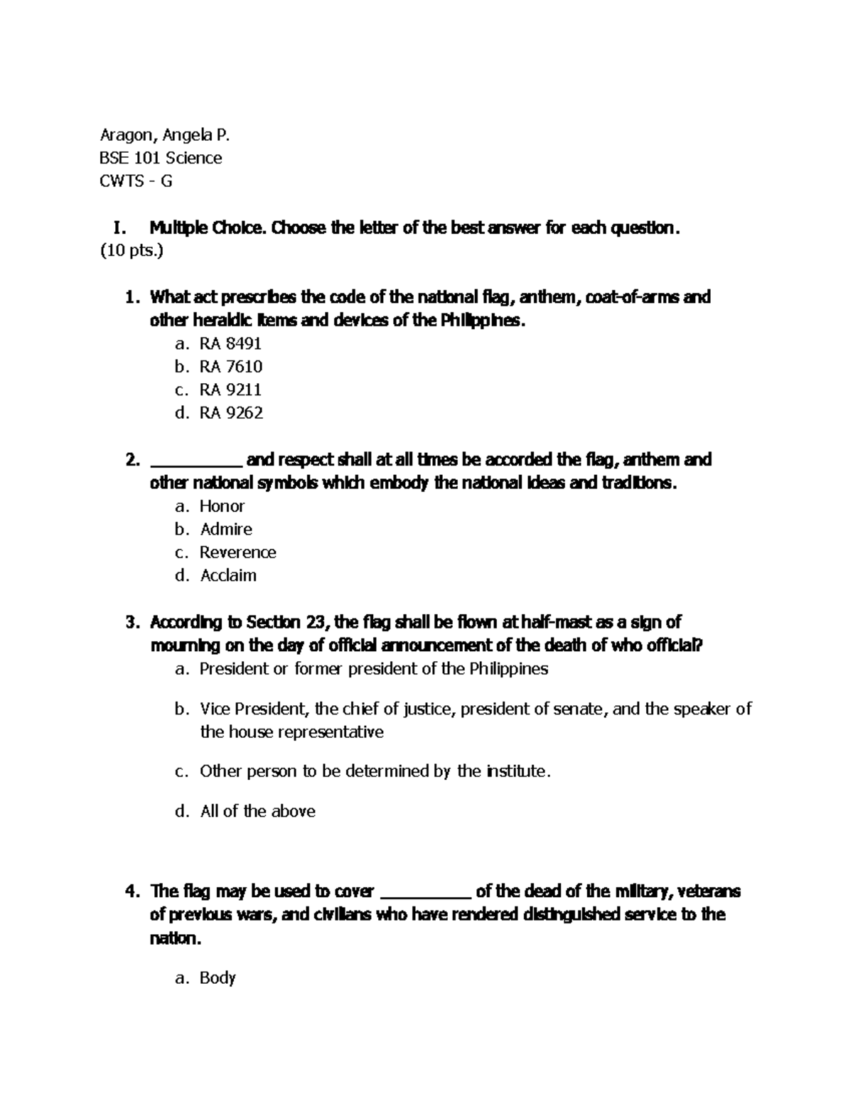 Aragon, Angela CWTS - G - Aragon, Angela P. BSE 101 Science CWTS - G I ...