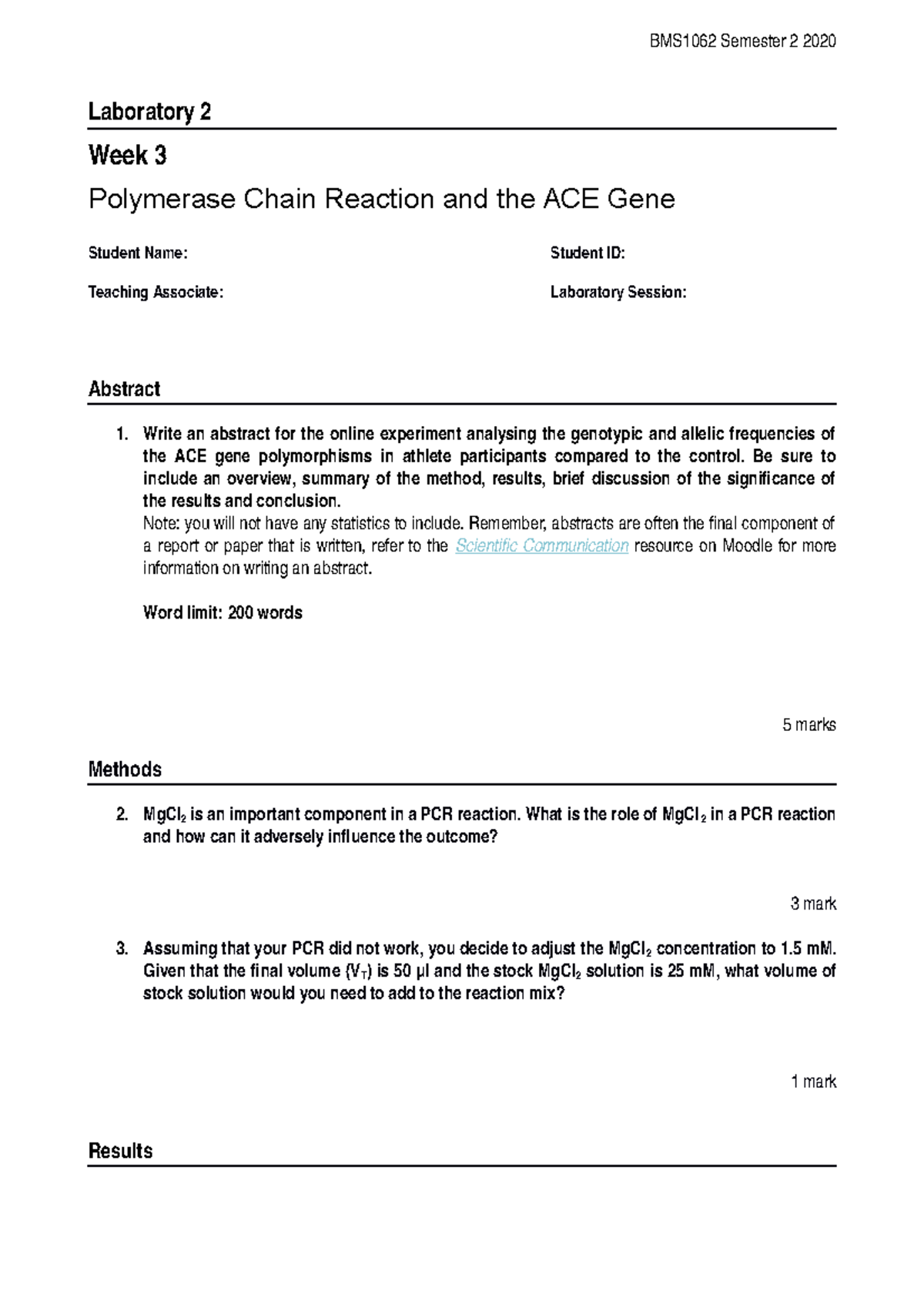 Week 3 Post-Laboratory Worksheet - BMS1062 Semester 2 2020 Laboratory 2 ...