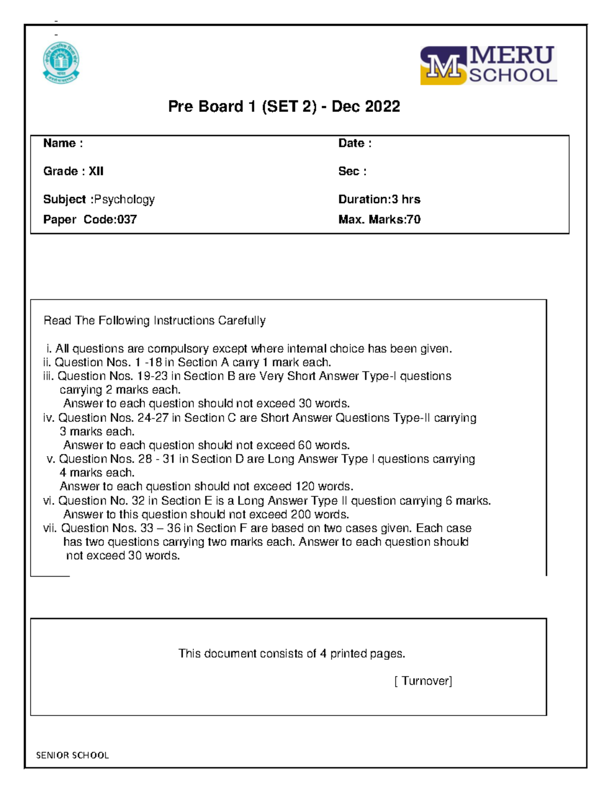 Gr 12 Psy Pre board 1 set 2 - Pre Board 1 (SET 2) - Dec 2022 Read The ...